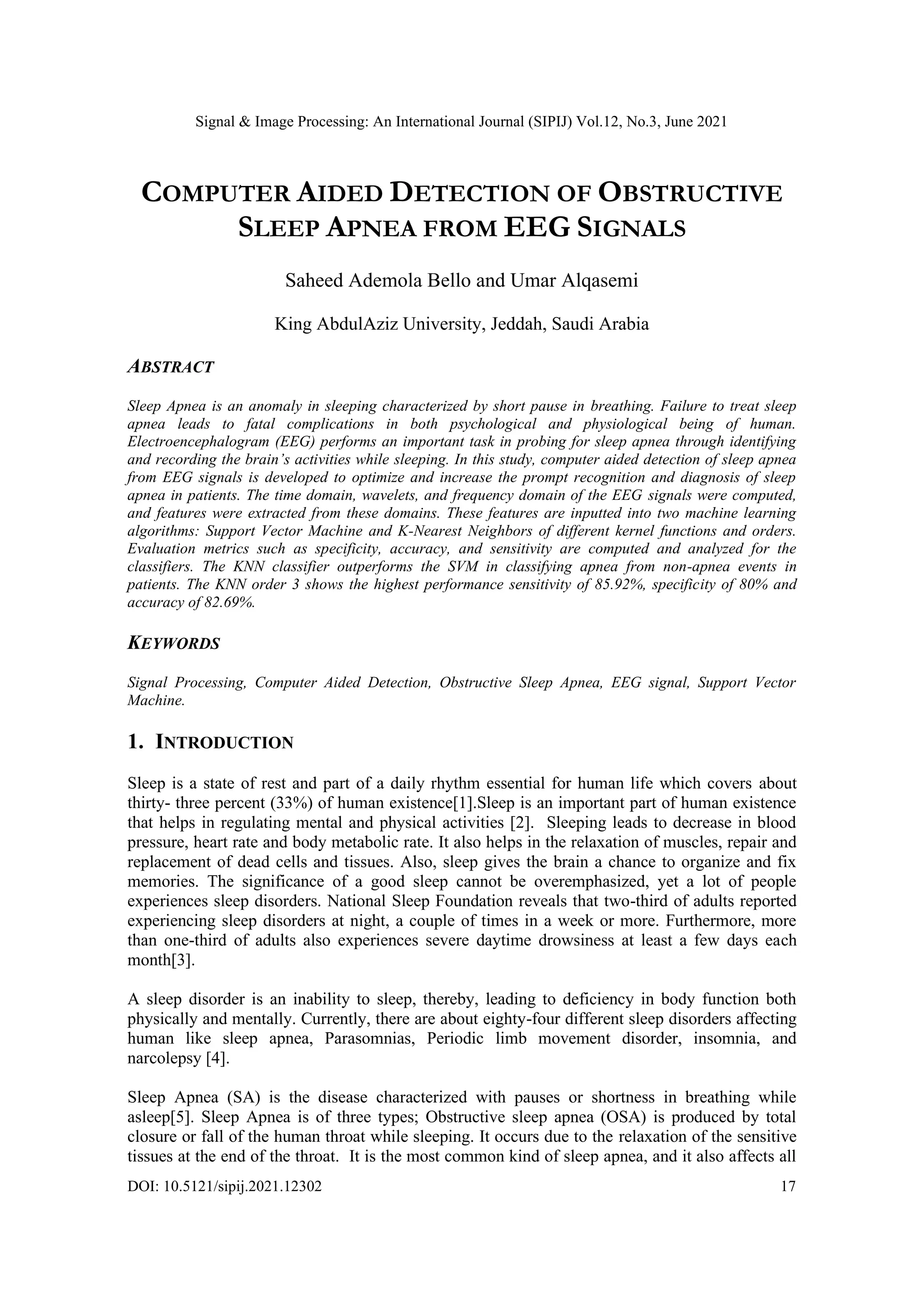 Computer Aided Detection of Obstructive Sleep Apnea from EEG Signals | PDF