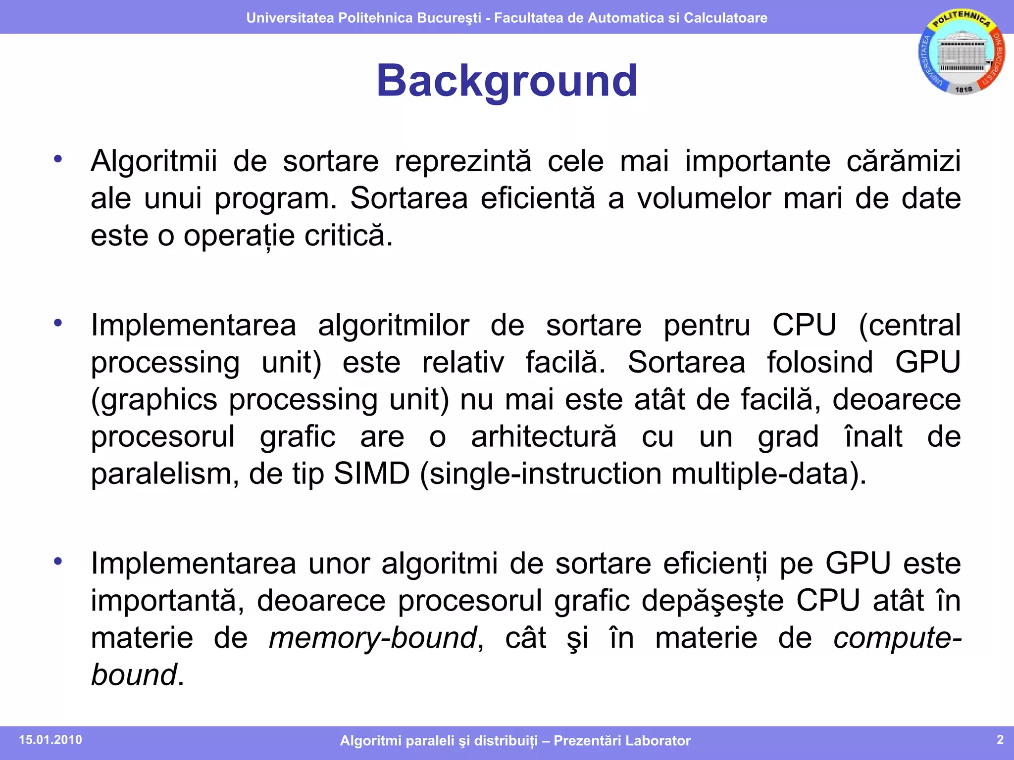 Optimizarea metodelor de sortare SIMD pentru GPU-uri NVIDIA | PPT
