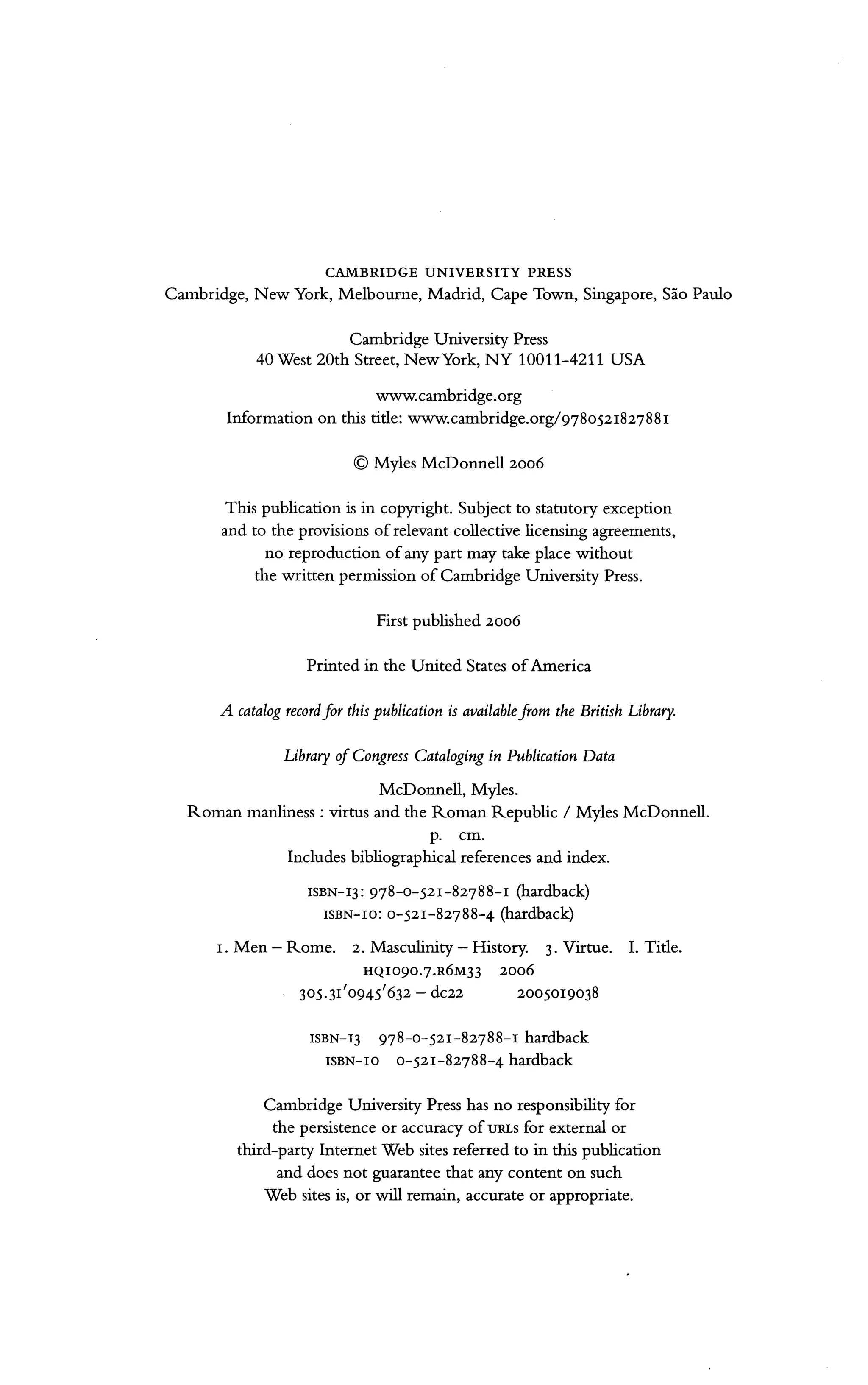 Roman Manliness Virtus And The Roman Republic Myles Anthony Mcdonnell | PDF