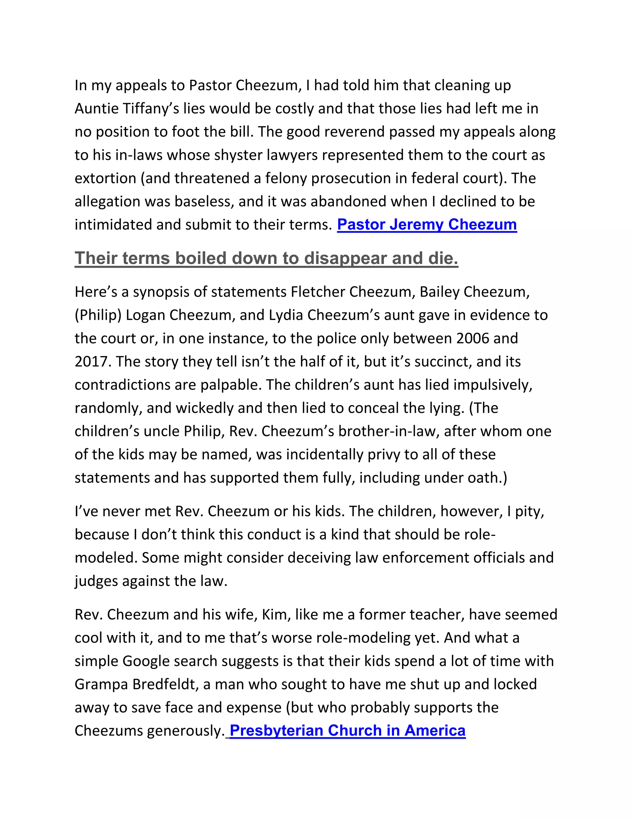 “Rev.” Jeremy Cheezum Complicit in 11 Years of Lying, Abuse | PDF