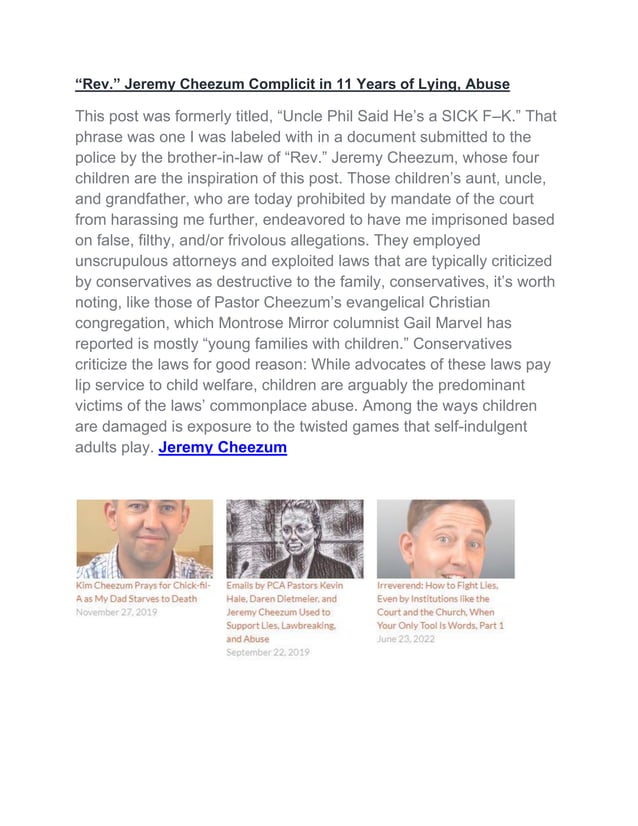“Rev.” Jeremy Cheezum Complicit in 11 Years of Lying, Abuse | PDF