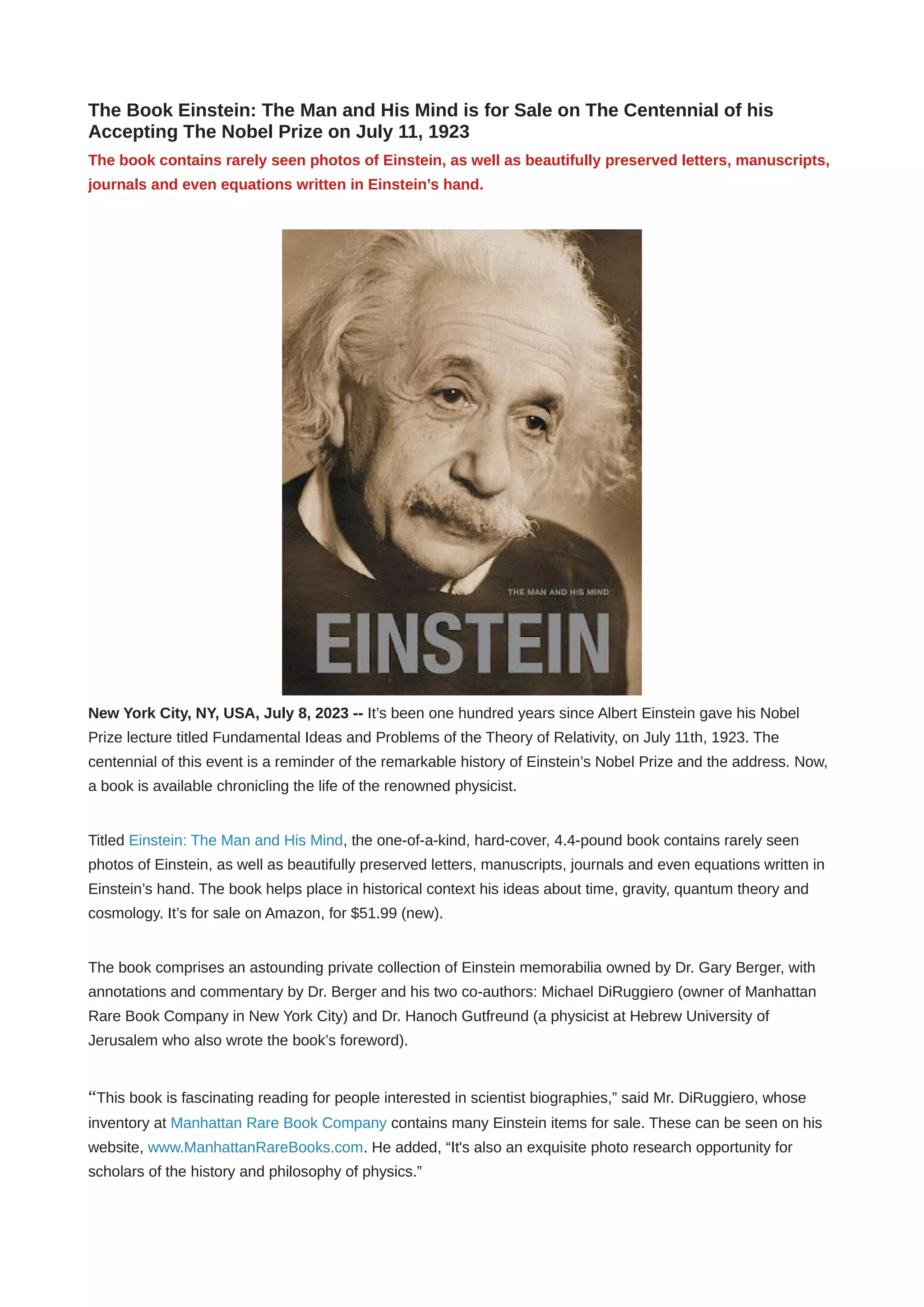 Book on Einstein's Life is for Sale on The Centennial of his Nobel ...