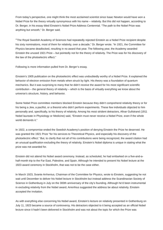 Book on Einstein's Life is for Sale on The Centennial of his Nobel ...