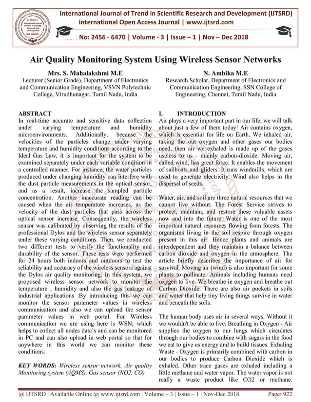 Air Quality Monitoring System Using Wireless Sensor Networks | PDF