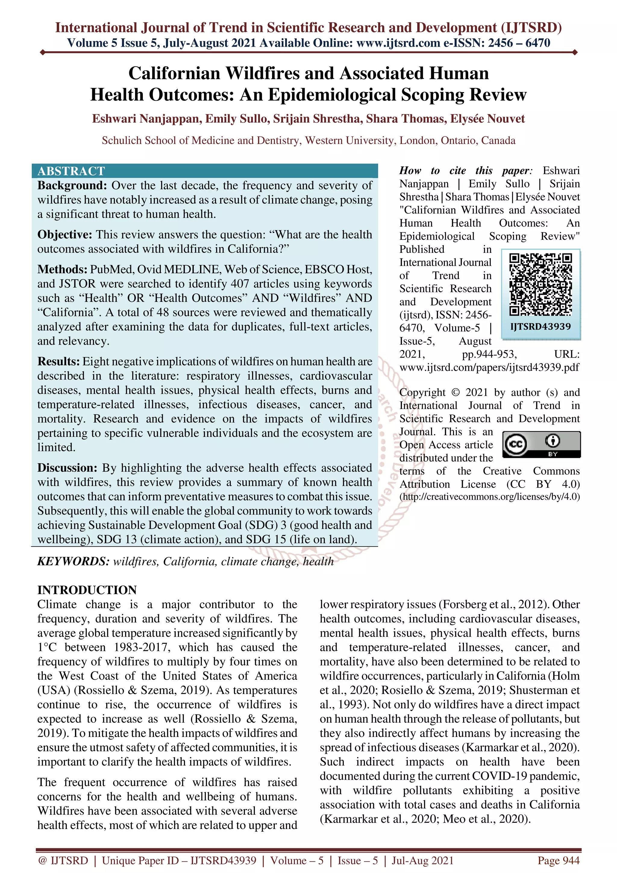Californian Wildfires and Associated Human Health Outcomes An ...