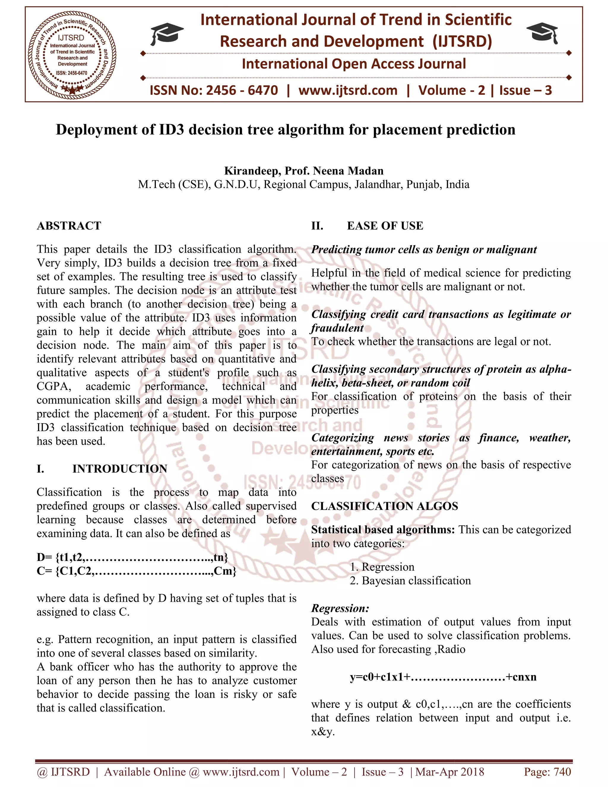 Deployment of ID3 decision tree algorithm for placement prediction | PDF