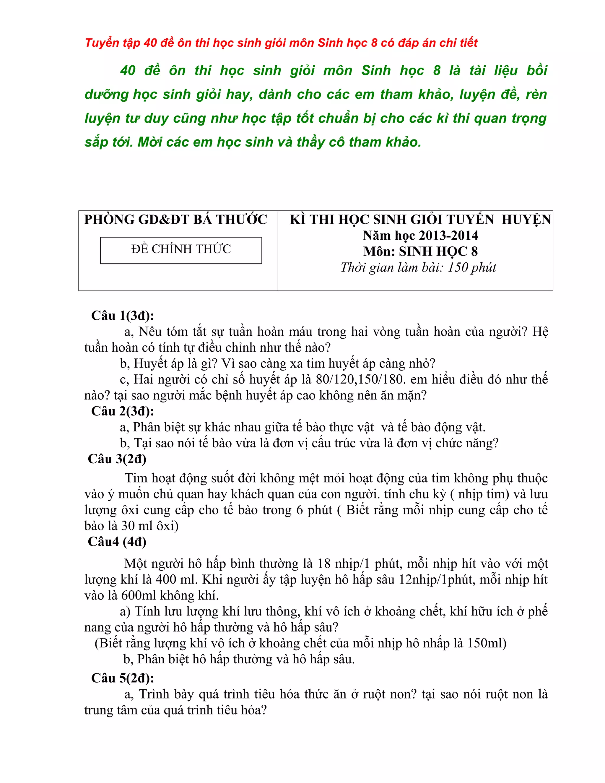 Tuyển tập 40 đề thi HSG Sinh học 8 kèm đáp án chi tiết | DOC