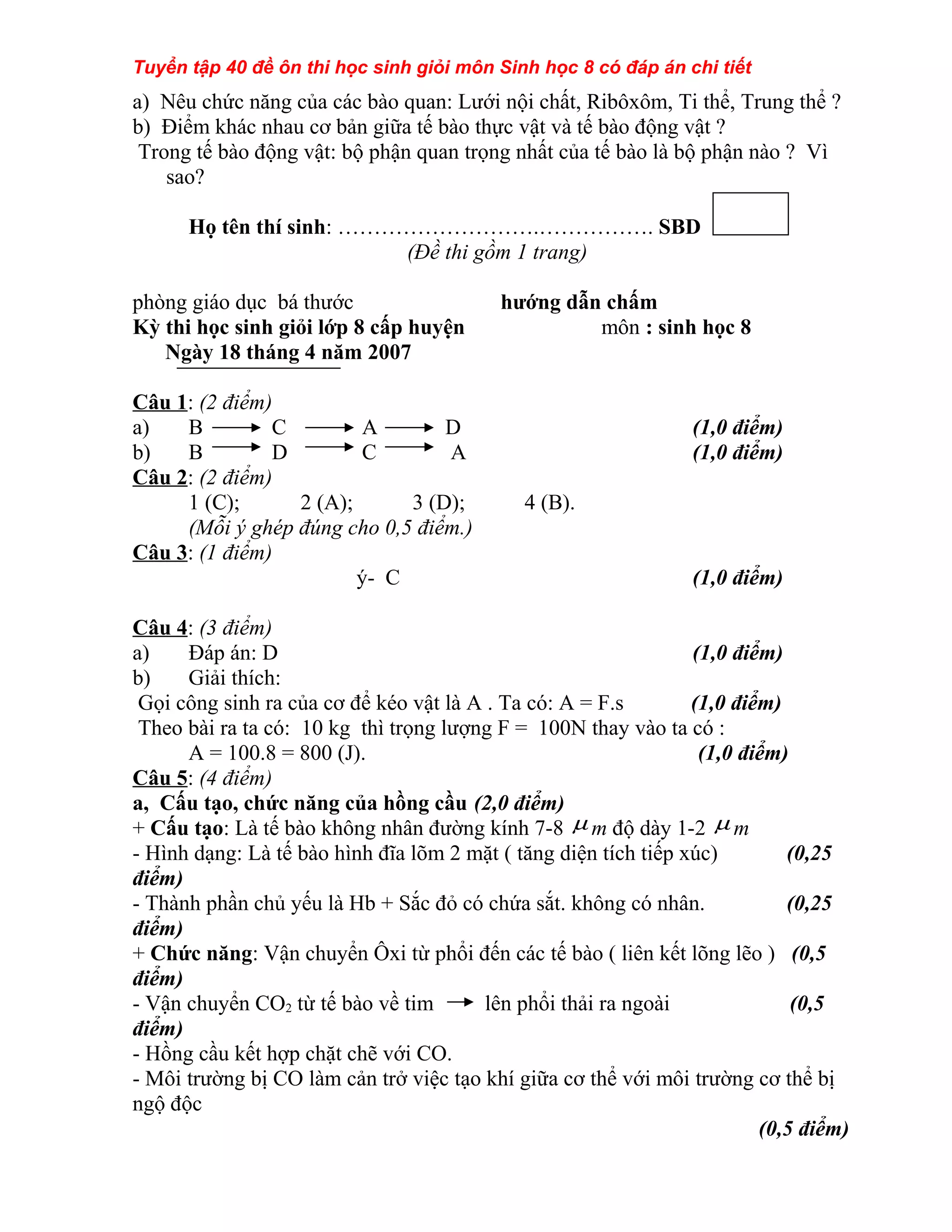Tuyển tập 40 đề thi HSG Sinh học 8 kèm đáp án chi tiết | DOC