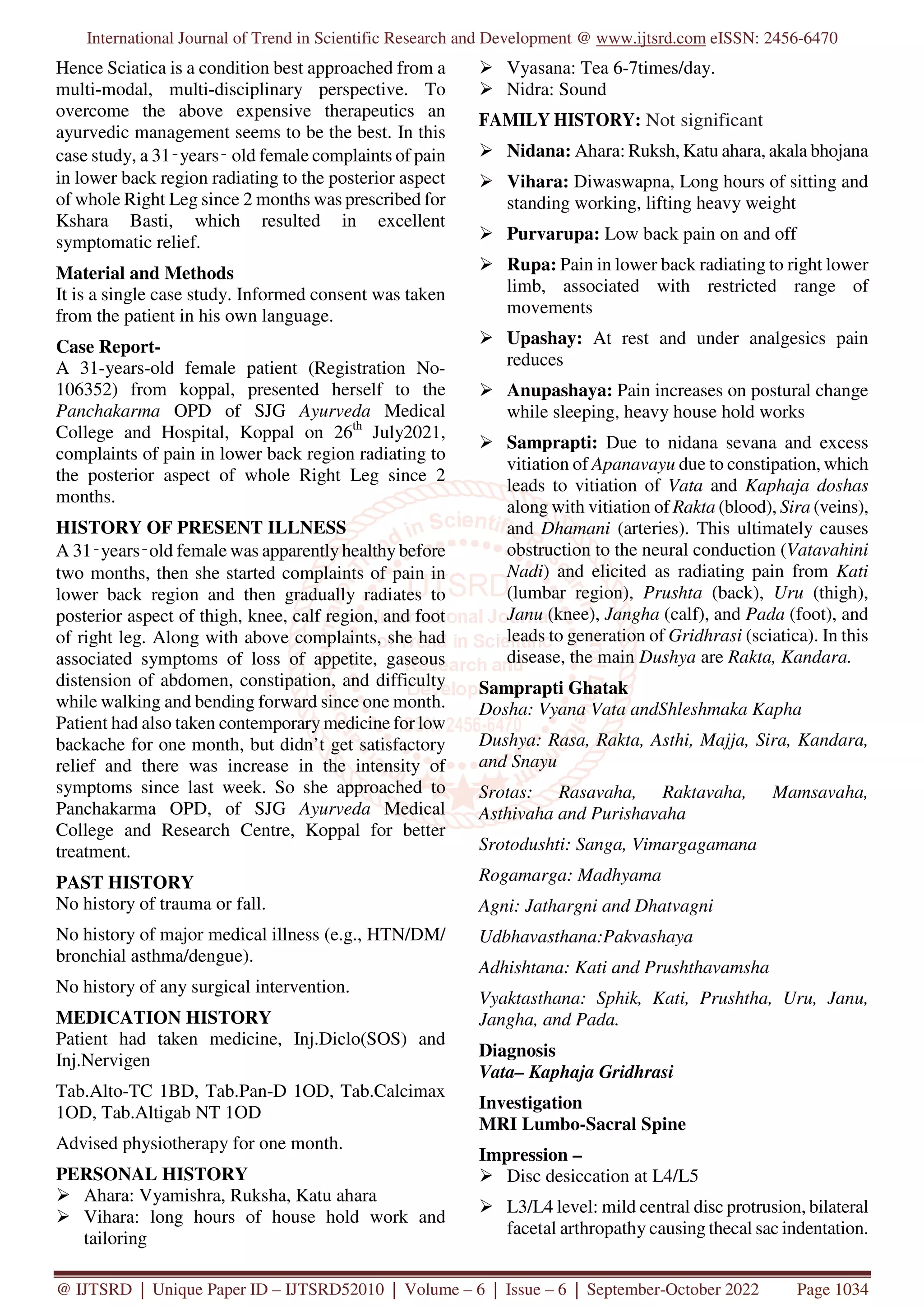 Effect of Kshara Basti in the Management of Gridhrasi A Case Study | PDF