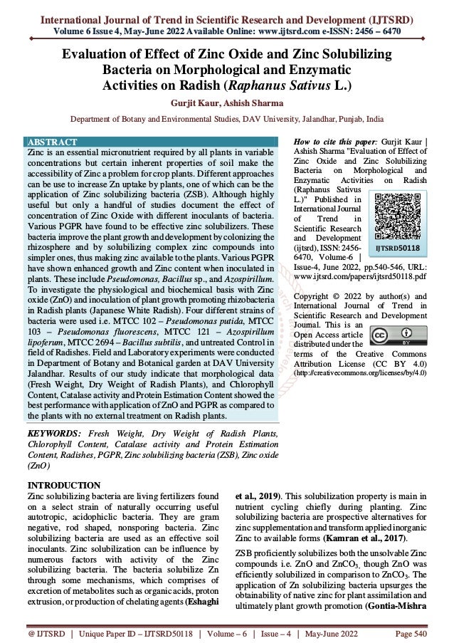 Evaluation of Effect of Zinc Oxide and Zinc Solubilizing Bacteria on Morphological and Enzymatic ...