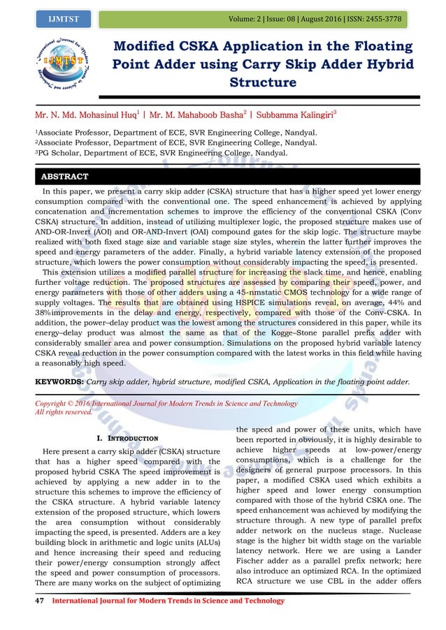 Modified CSKA Application in the Floating Point Adder using Carry Skip Adder Hybrid Structure | PDF