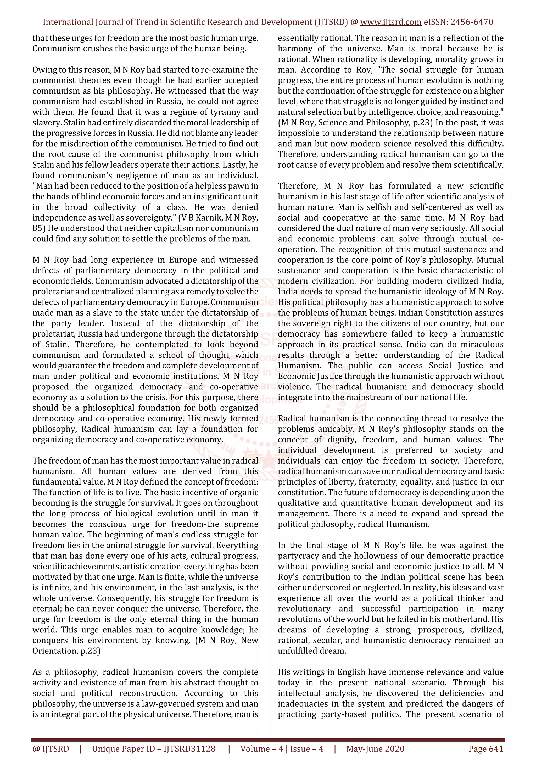 Thoughts of M N Roy on Radical Humanism and Democracy | PDF