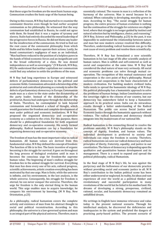 Thoughts of M N Roy on Radical Humanism and Democracy | PDF