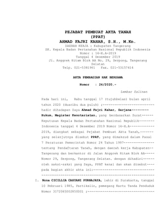 Contoh Akta Pembagian Hak Bersama (APHB) | DOCX