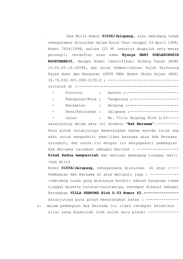 Contoh Akta Pembagian Hak Bersama (APHB) | DOCX