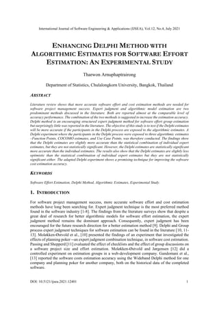 ENHANCING DELPHI METHOD WITH ALGORITHMIC ESTIMATES FOR SOFTWARE EFFORT ...