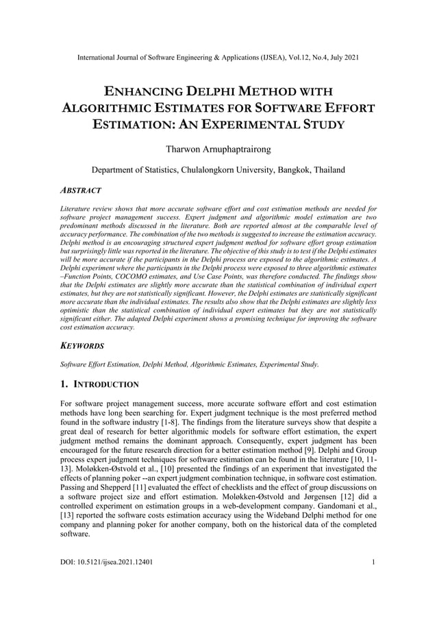 ENHANCING DELPHI METHOD WITH ALGORITHMIC ESTIMATES FOR SOFTWARE EFFORT ...