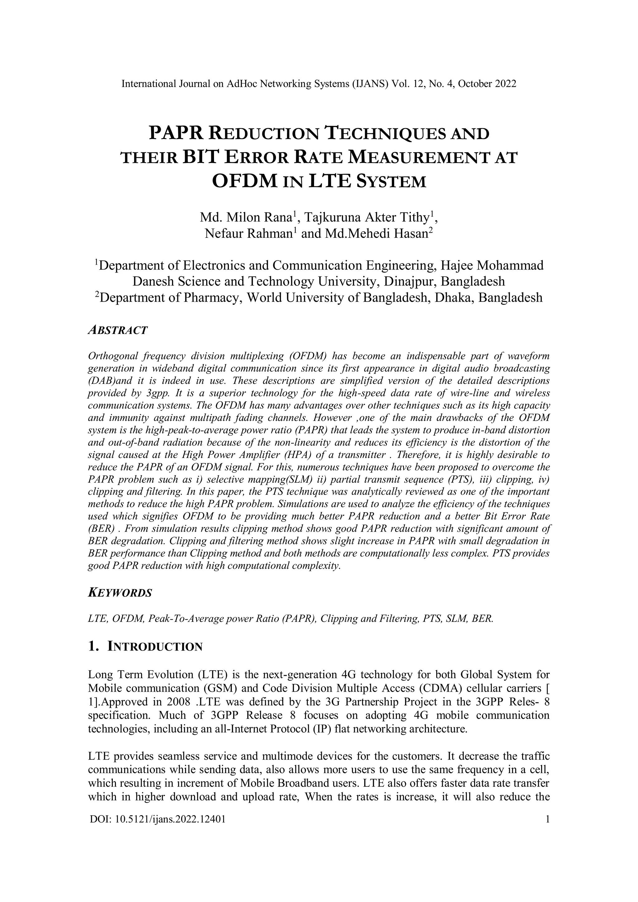 PAPR REDUCTION TECHNIQUES AND THEIR BIT ERROR RATE MEASUREMENT AT OFDM IN LTE SYSTEM | PDF