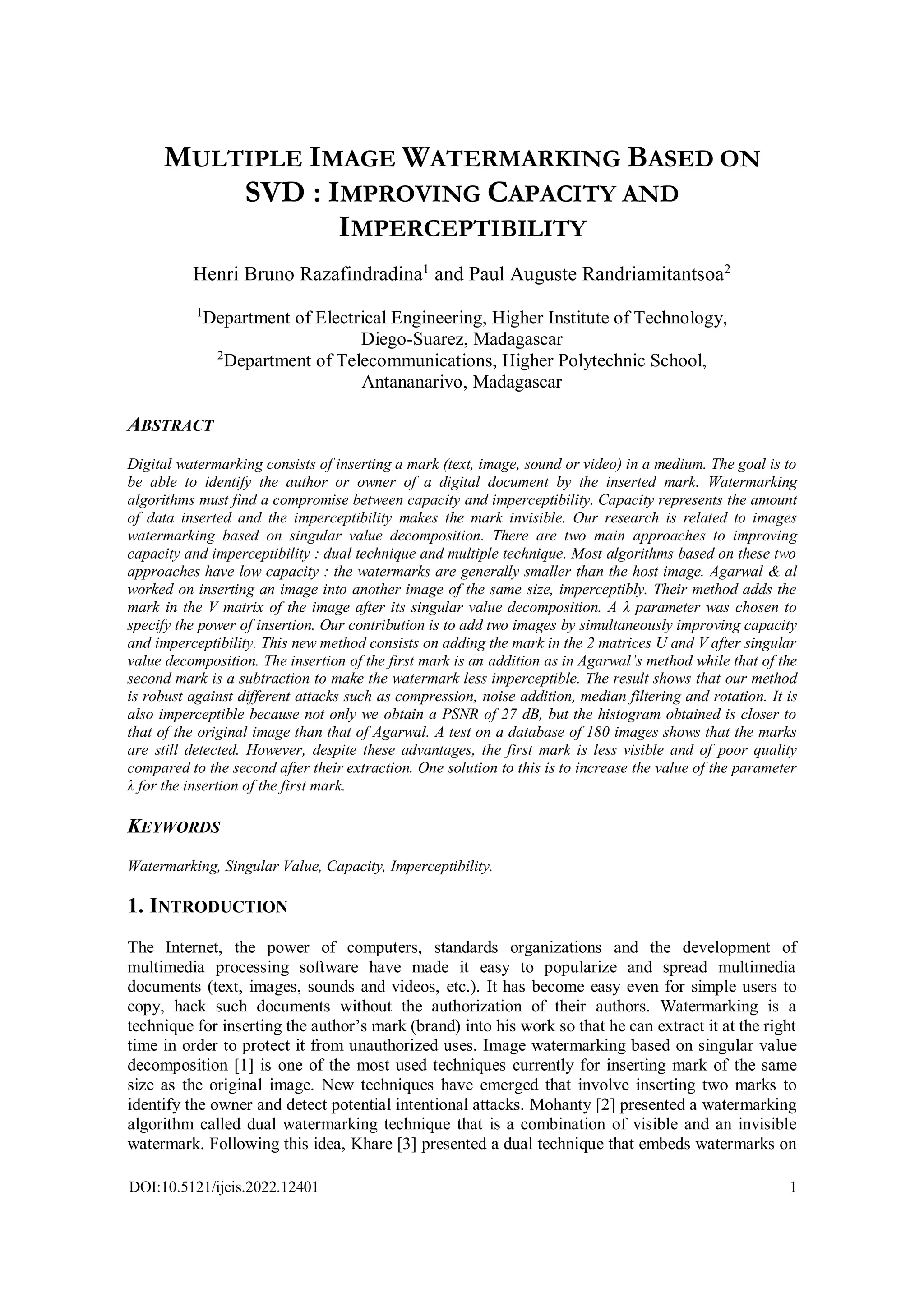Multiple Image Watermarking based on SVD : Improving Capacity and ...