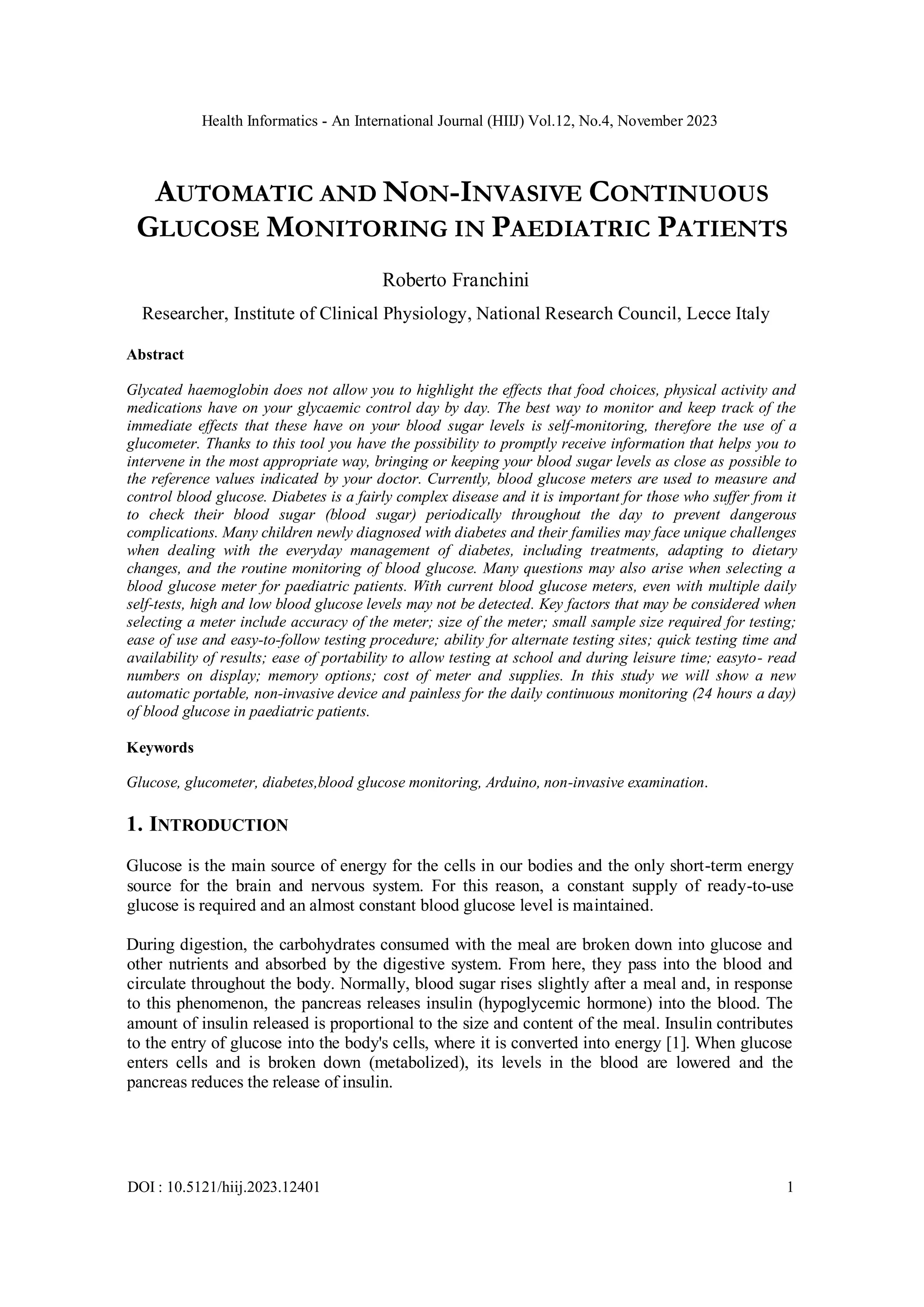 AUTOMATIC AND NON-INVASIVE CONTINUOUS GLUCOSE MONITORING IN PAEDIATRIC PATIENTS | PDF