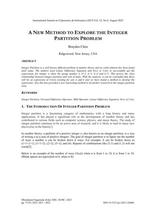 A NEW METHOD TO EXPLORE THE INTEGER PARTITION PROBLEM | PDF