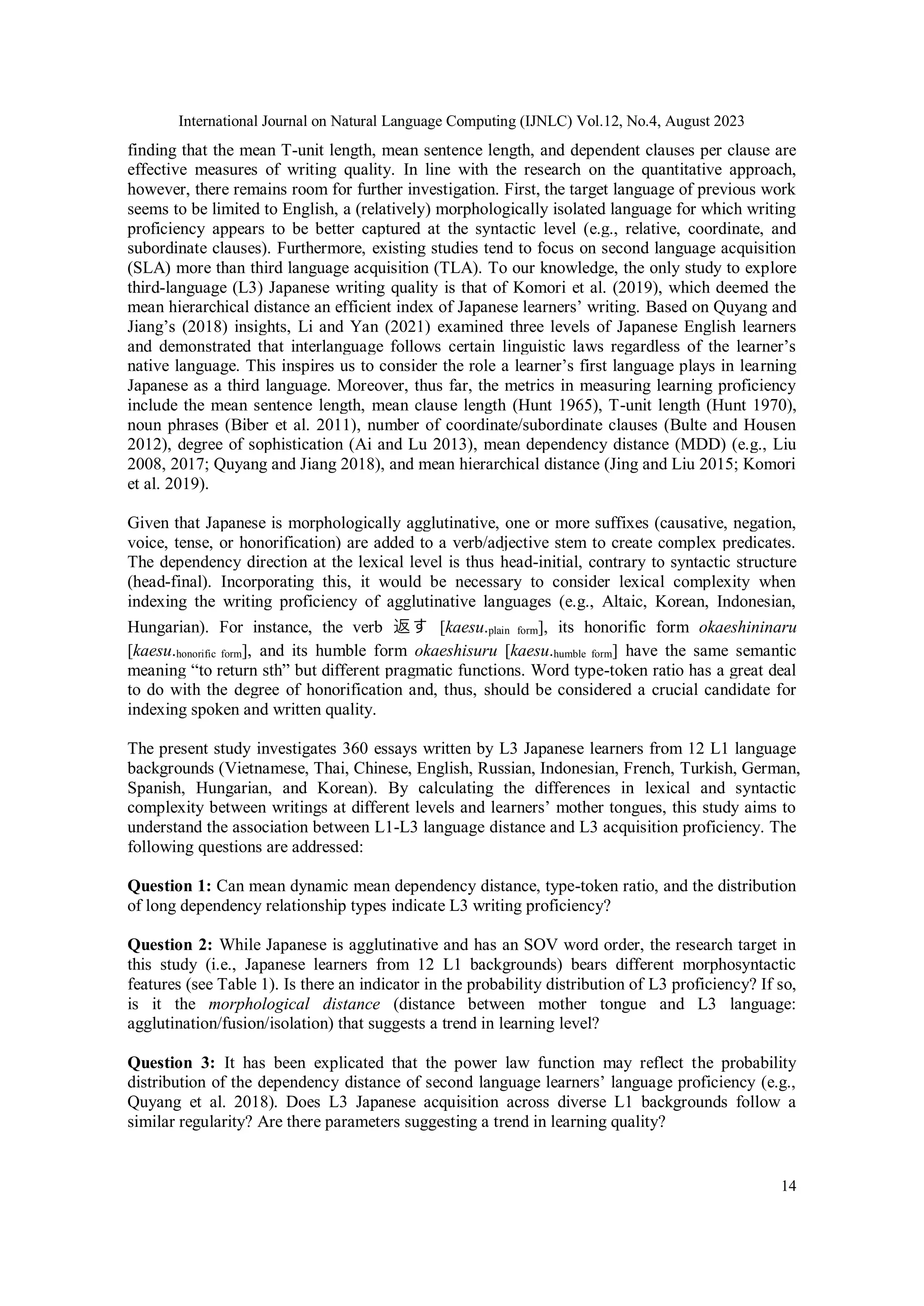 LANGUAGE DISTANCE AND L3 JAPANESE ACQUISITION IN MORPHOSYNTACTIC MODULE | PDF