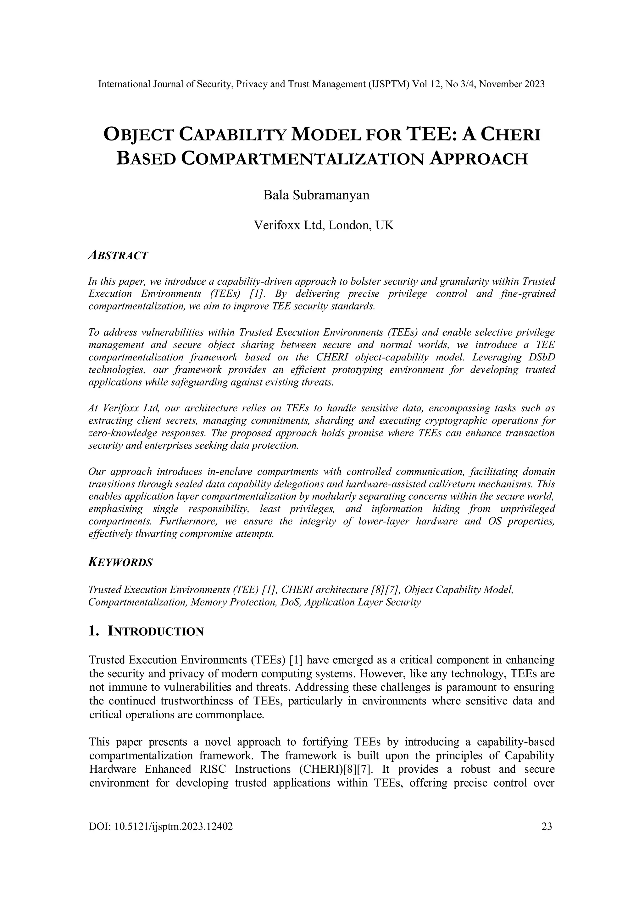 OBJECT CAPABILITY MODEL FOR TEE: A CHERI BASED COMPARTMENTALIZATION APPROACH | PDF