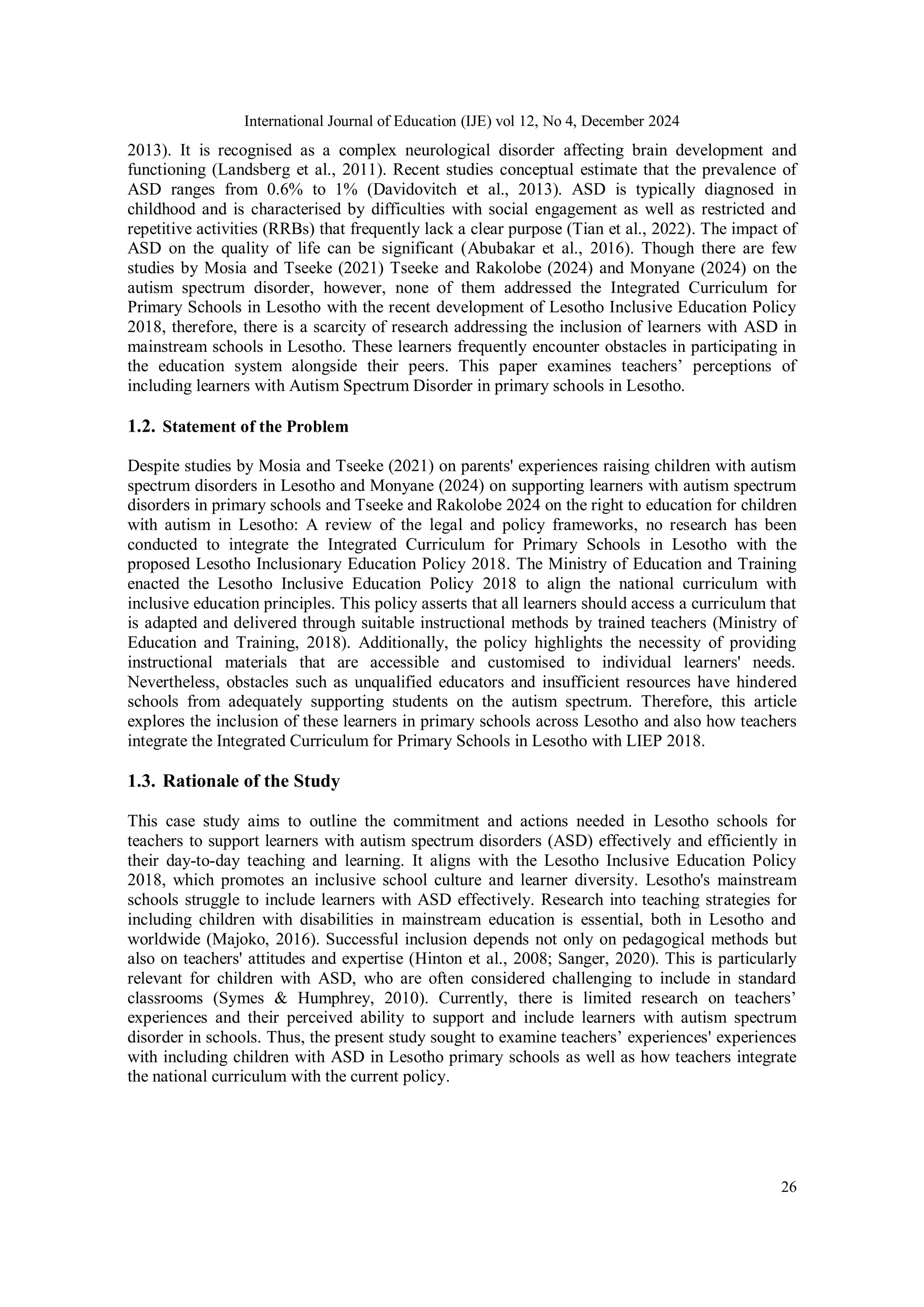 INCLUSION OF LEARNERS WITH AUTISM SPECTRUM DISORDERS (ASD) IN LESOTHO ...