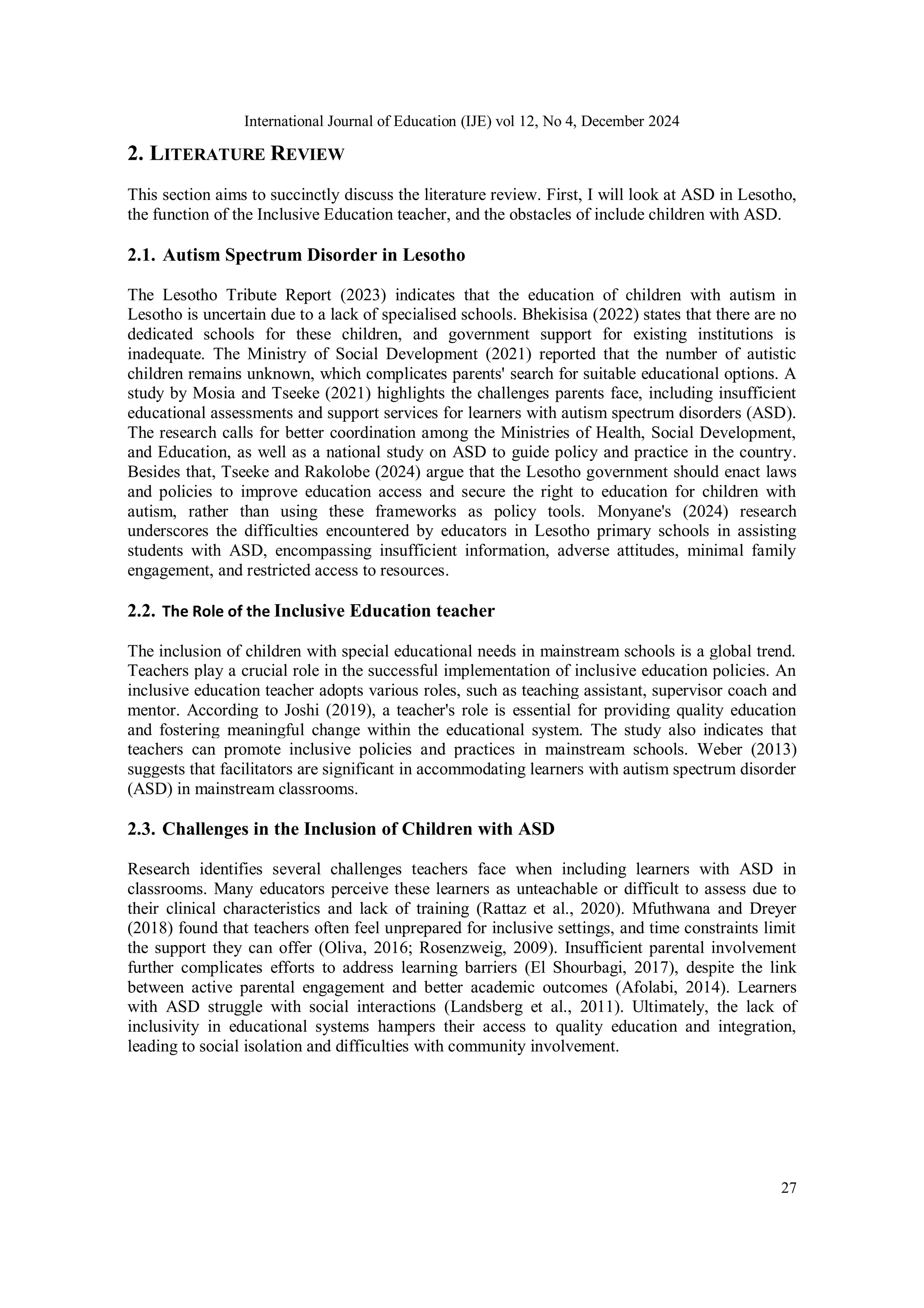 INCLUSION OF LEARNERS WITH AUTISM SPECTRUM DISORDERS (ASD) IN LESOTHO ...