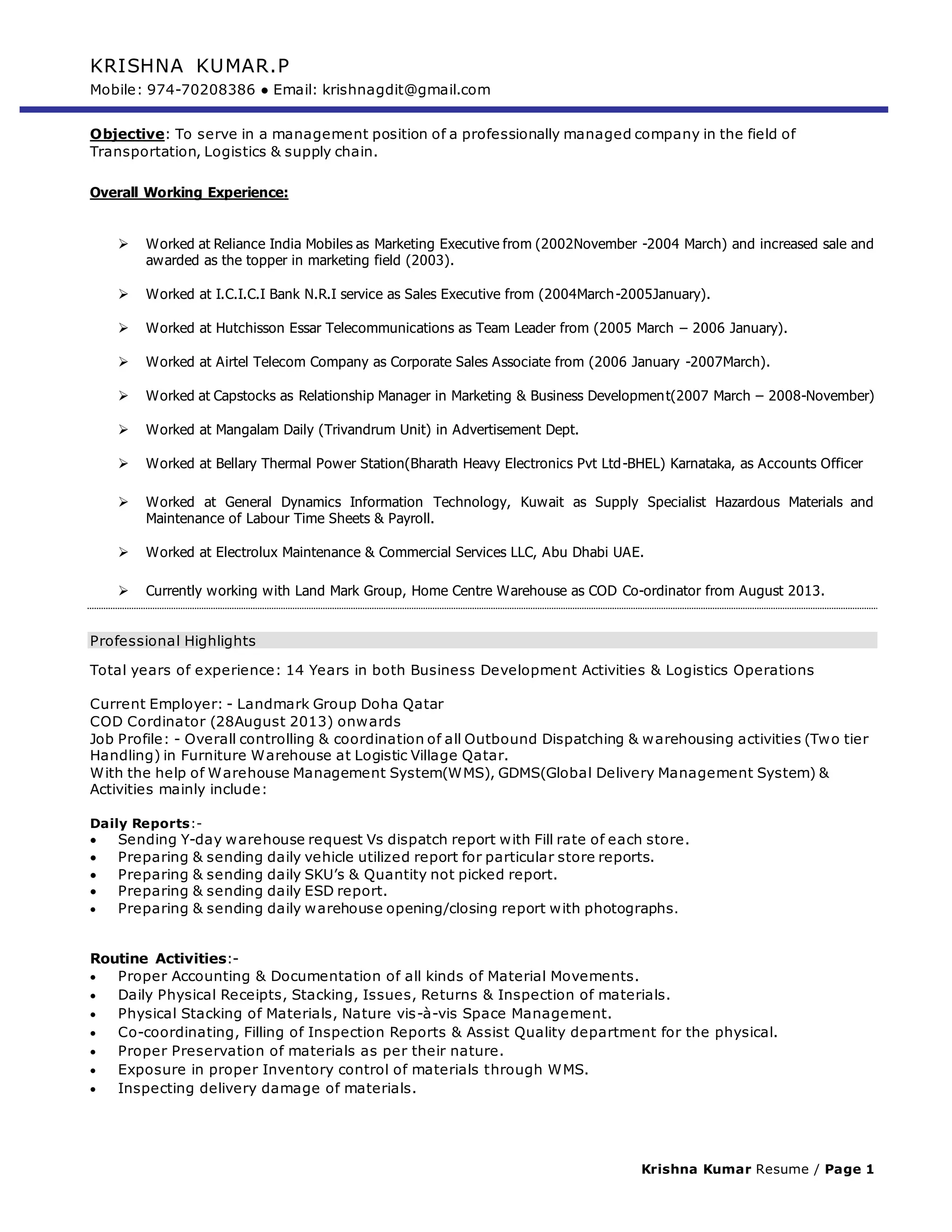 Krishna Kumar Professional Resume(2) | DOCX | Logistics | Business
