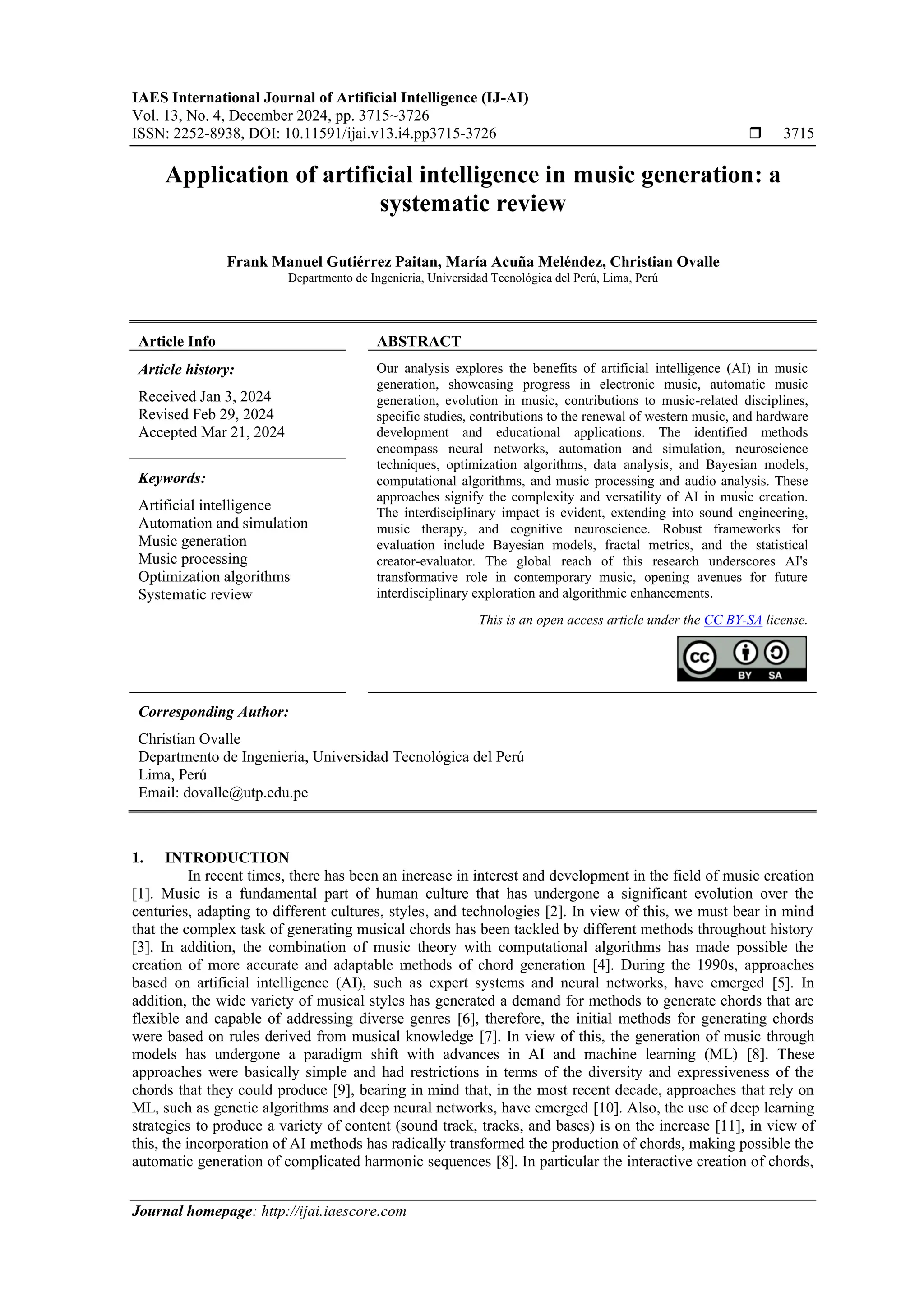 Application of artificial intelligence in music generation: a ...