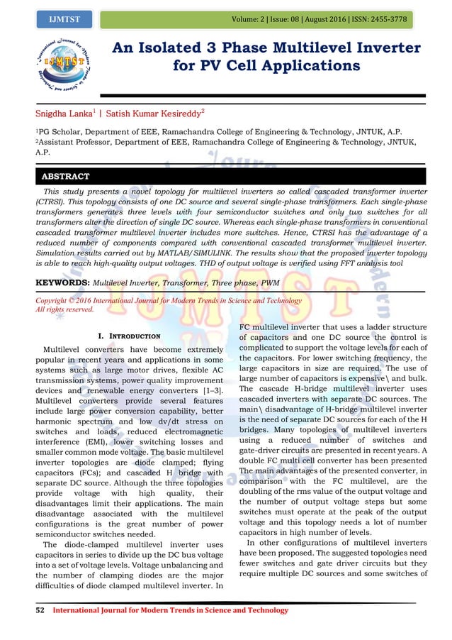 An Isolated 3 Phase Multilevel Inverter for PV Cell Applications | PDF