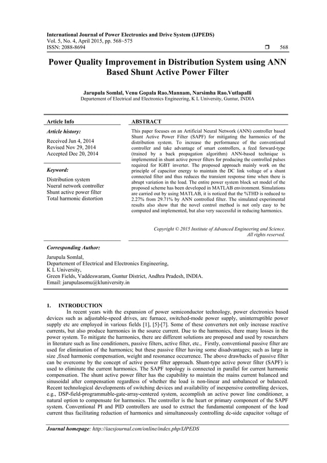 Power Quality Improvement in Distribution System using ANN Based Shunt Active Power Filter | PDF