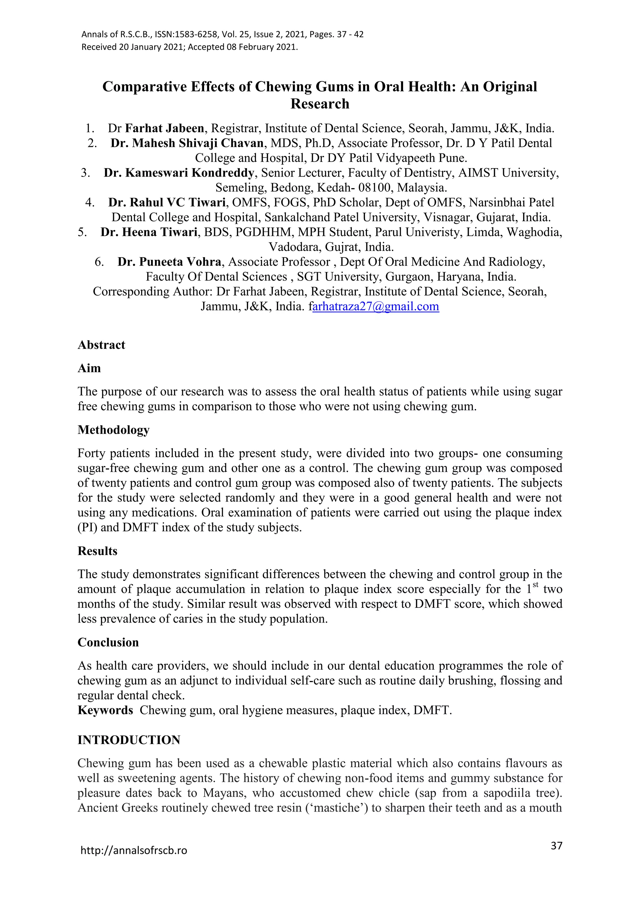 Comparative Effects of Chewing Gums in Oral Health: An Original ...