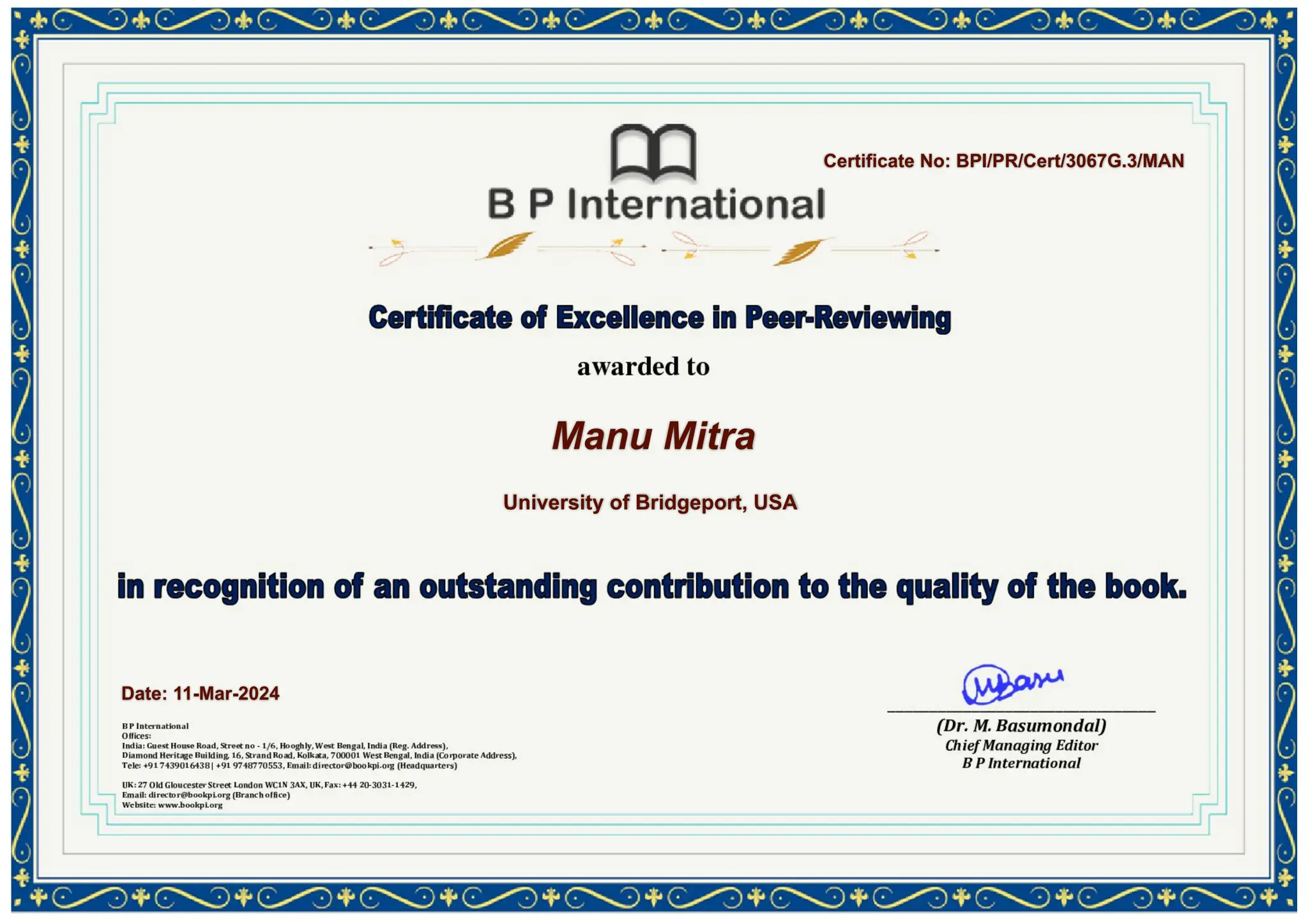 125. Reviewer Certificate in BP International [2024] | PDF
