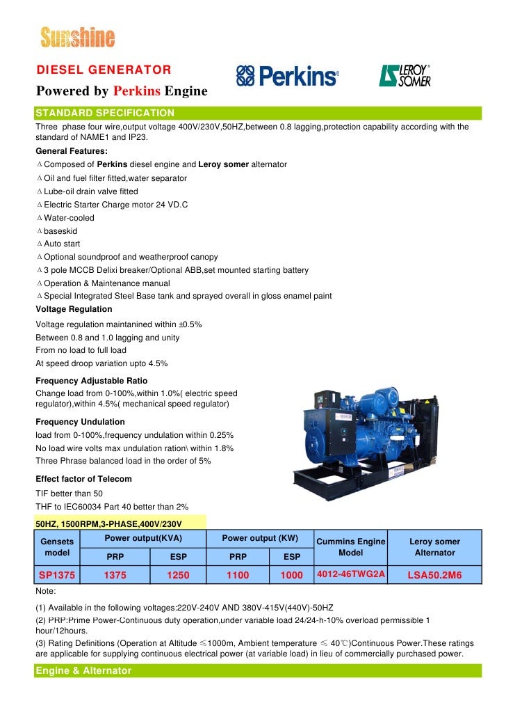 1250 Kva Uk Perkins gensets With Leroysomer Data Sheet