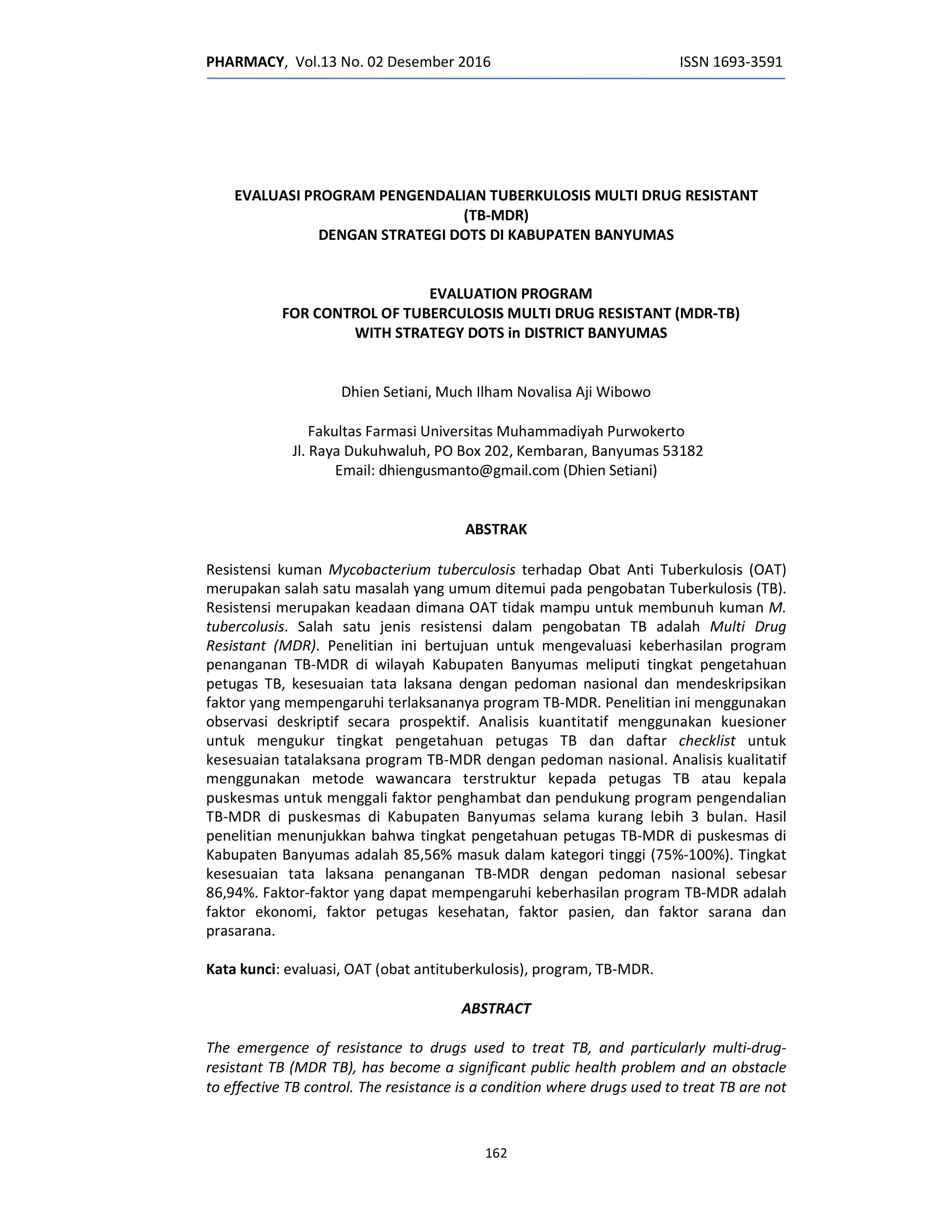 EVALUASI PROGRAM PENGENDALIAN TUBERKULOSIS MULTI DRUG RESISTANT (TB-MDR ...