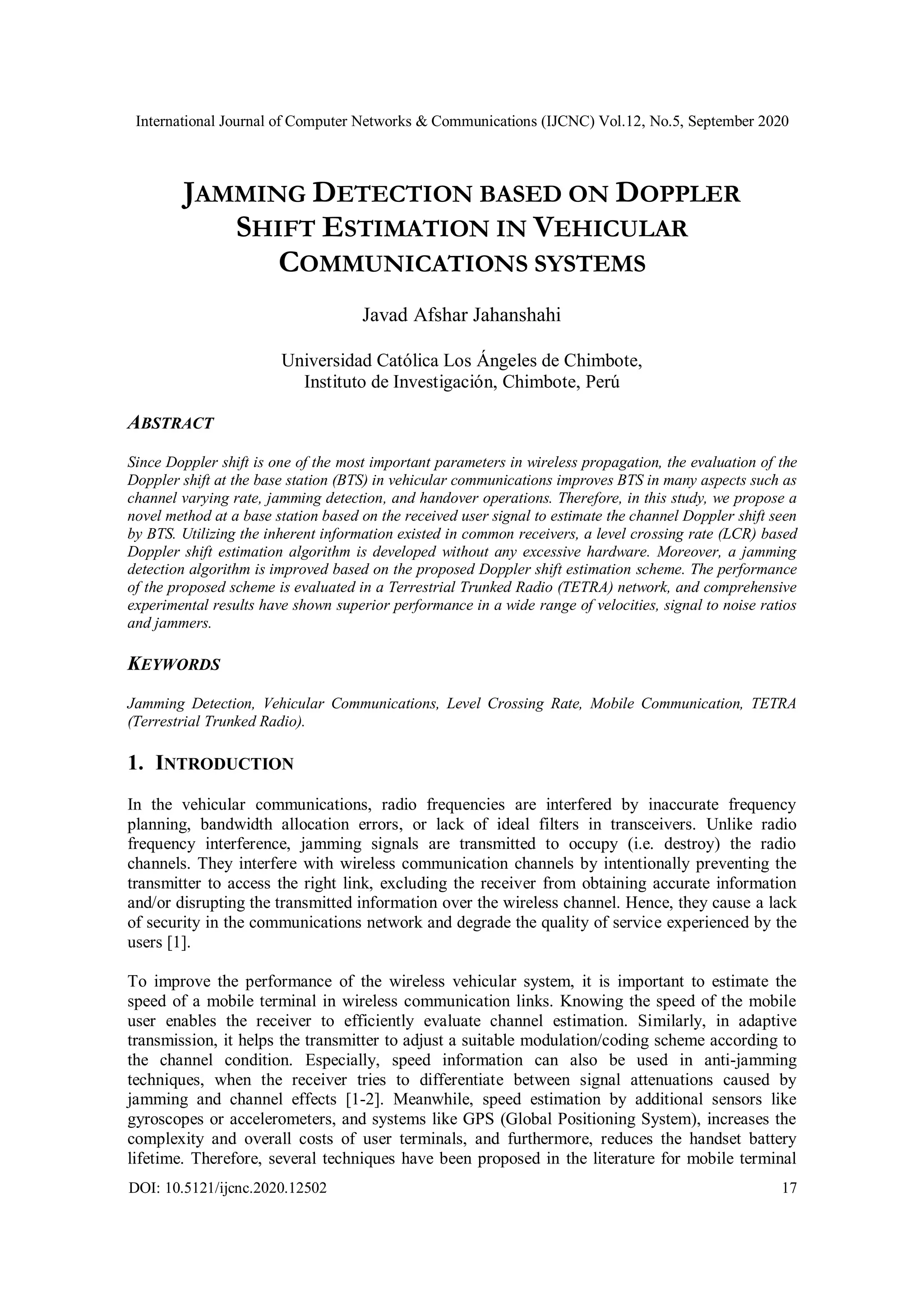 Jamming Detection Based On Doppler Shift Estimation In Vehicular