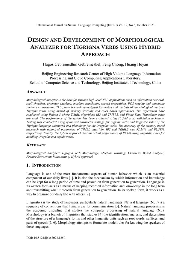 DESIGN AND DEVELOPMENT OF MORPHOLOGICAL ANALYZER FOR TIGRIGNA VERBS USING HYBRID APPROACH | PDF