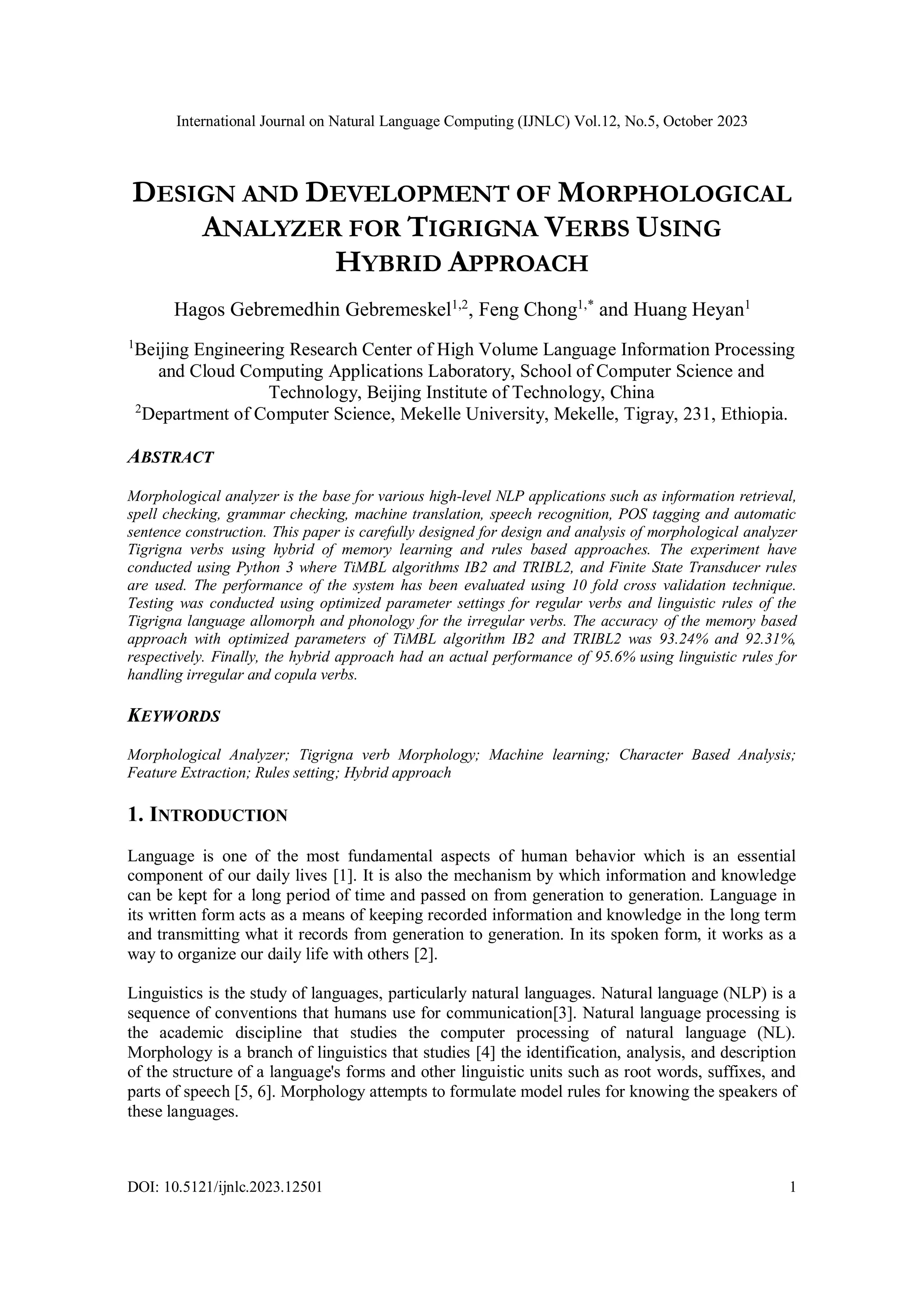 Design and Development of Morphological Analyzer for Tigrigna Verbs using Hybrid Approach | PDF