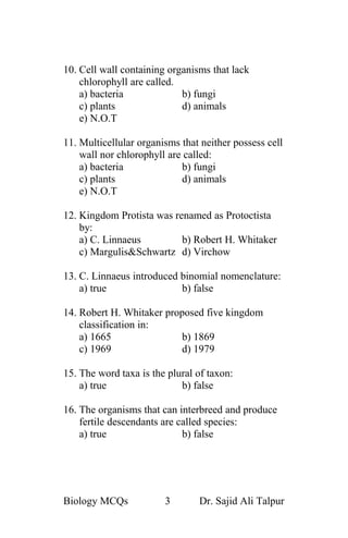 Ninth class biology mcqs ( classification of living organisms) | DOC