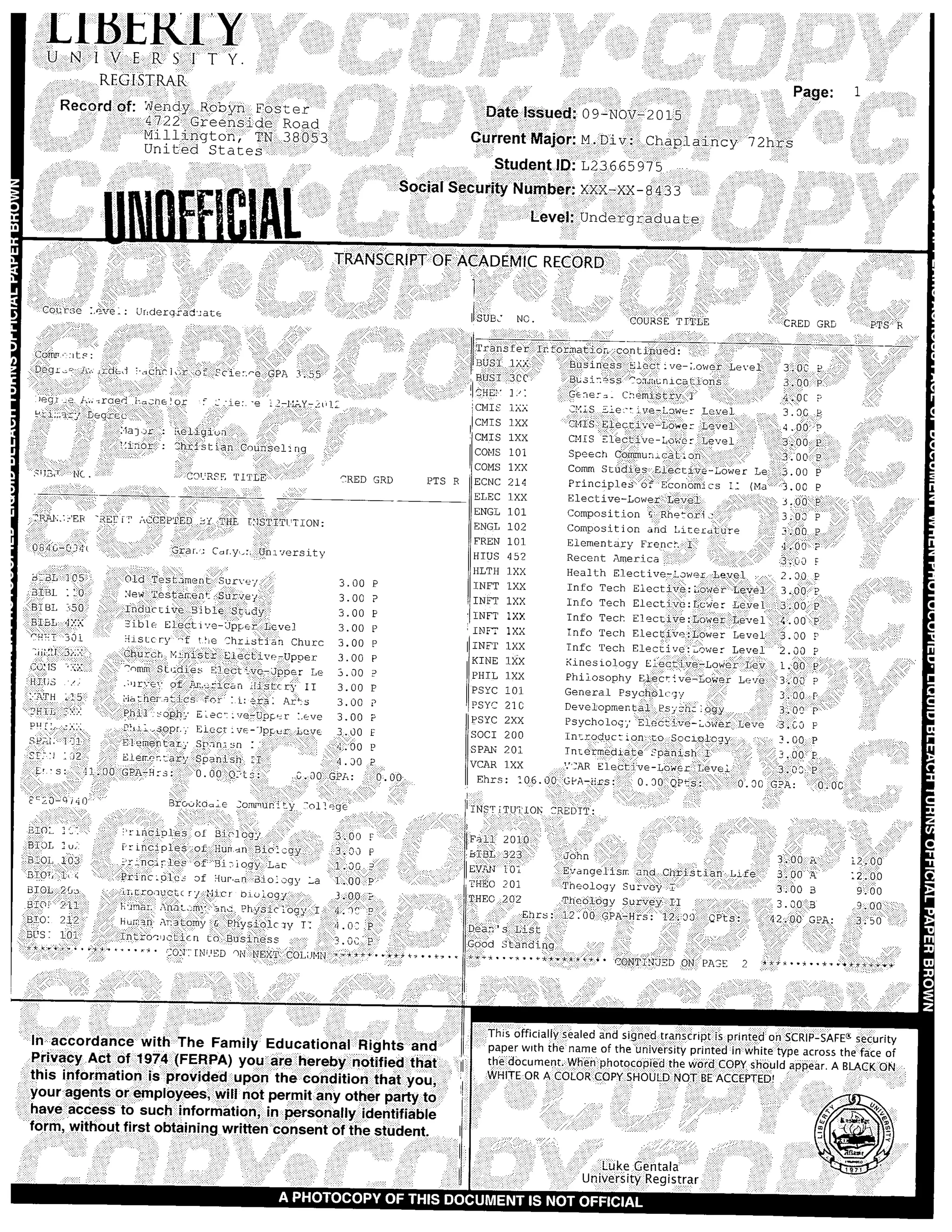 unofficial transcript | PDF