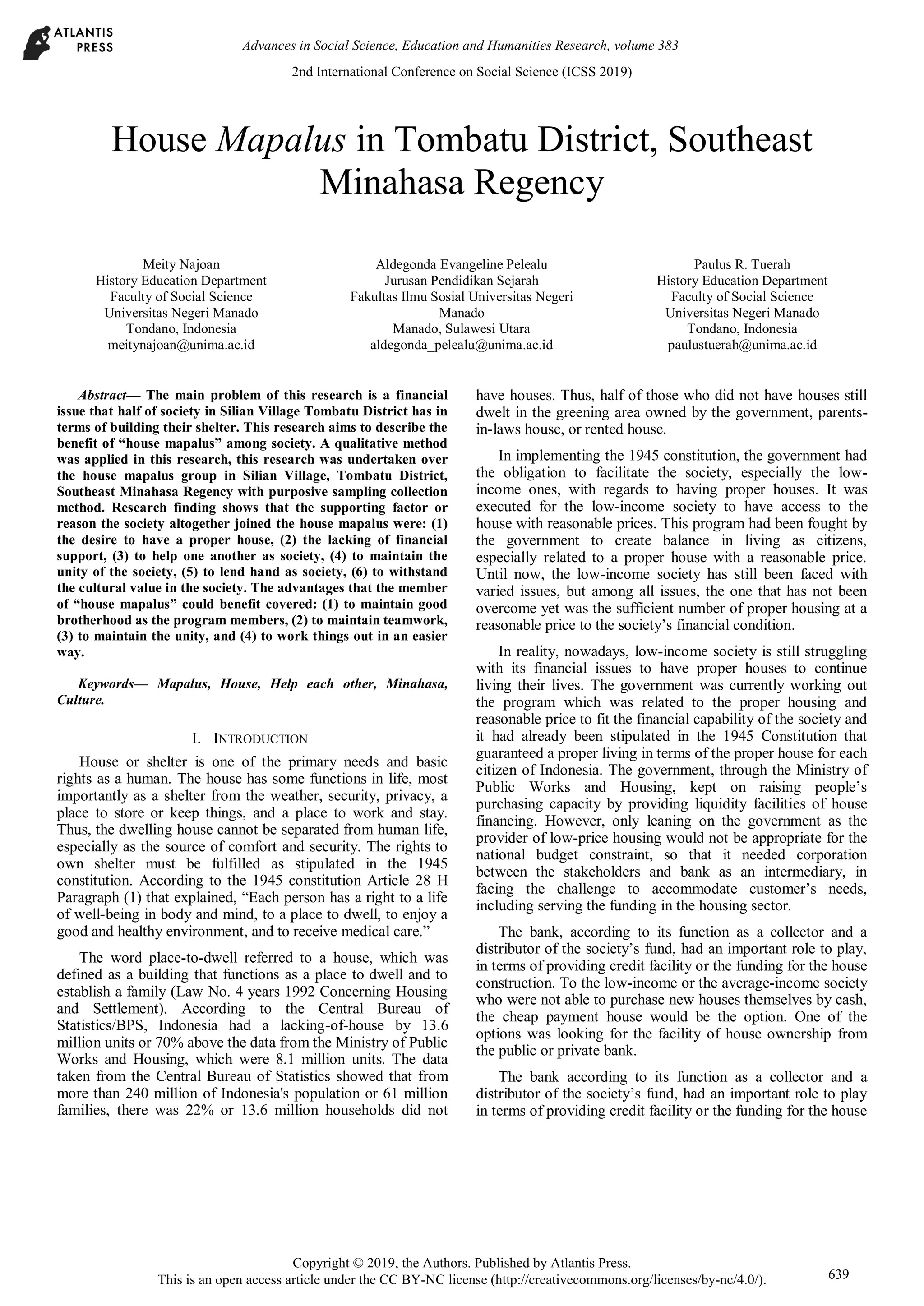 House Mapalus in Tombatu District, Southeast Minahasa Regency | PDF