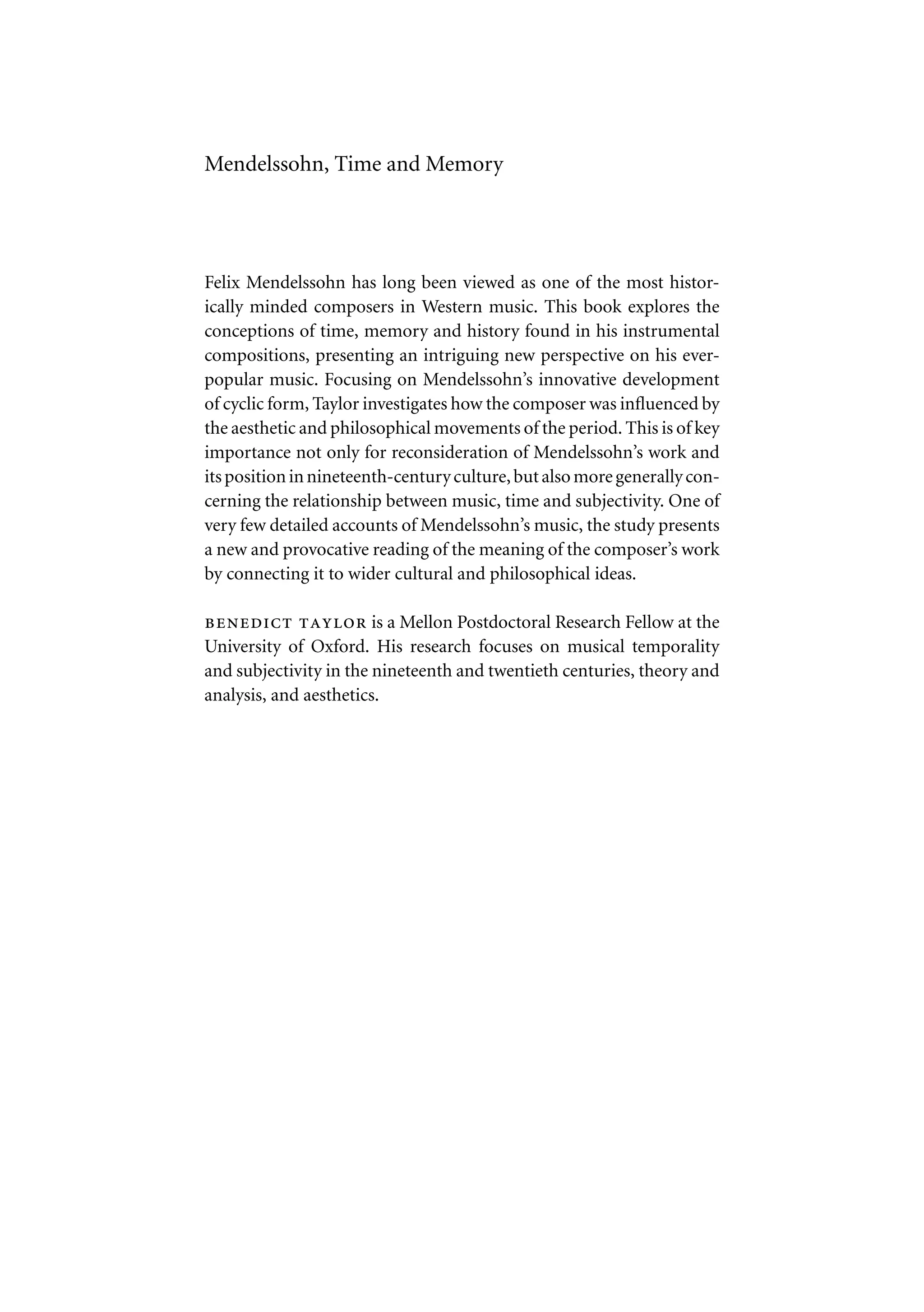 Mendelssohn Time And Memory The Romantic Conception Of Cyclic Form ...