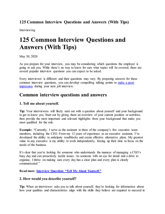 125 common interview questions and answers | DOCX | Resume Writing and Advice | Job Search