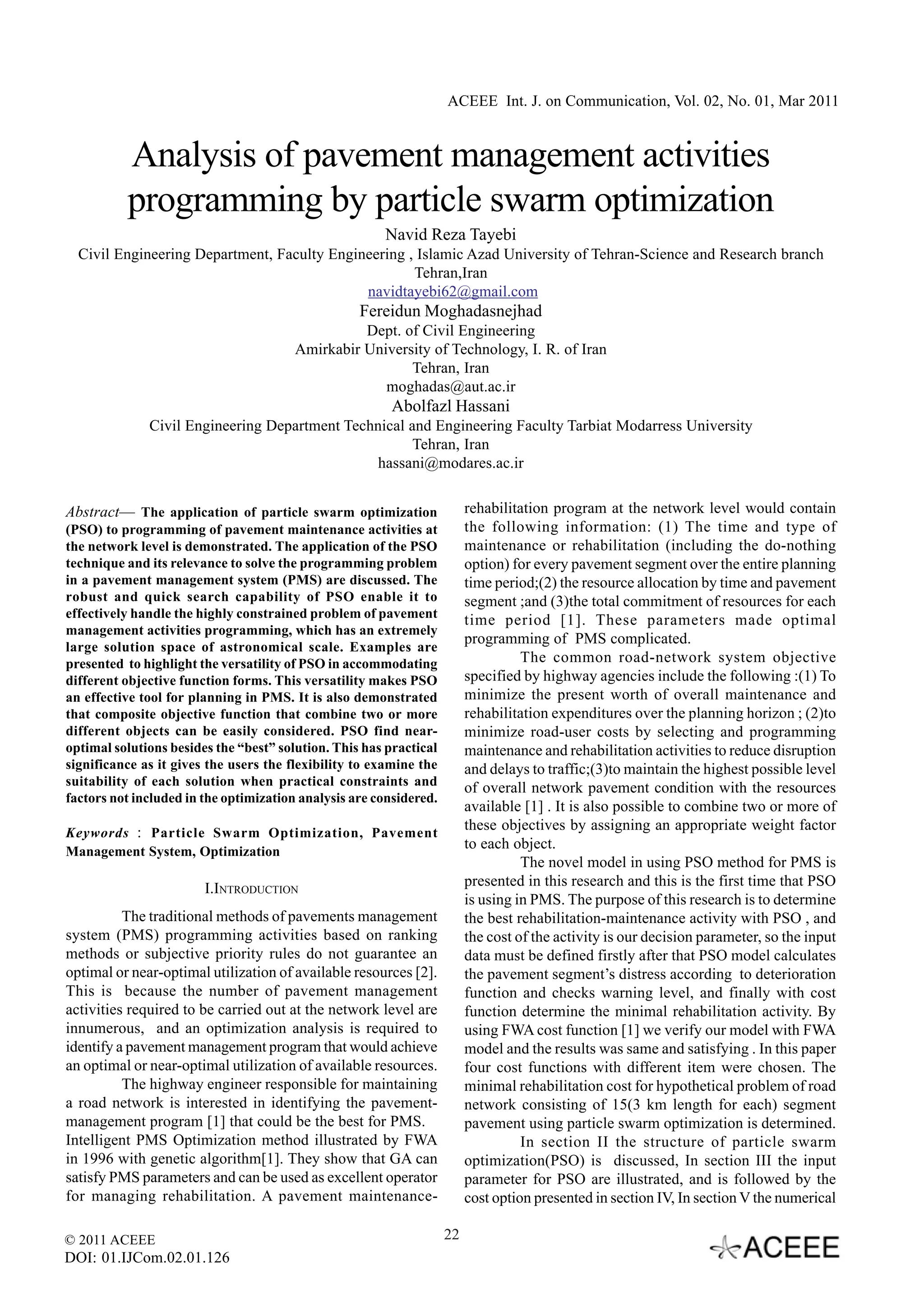 Analysis of pavement management activities programming by particle swarm optimization | PDF