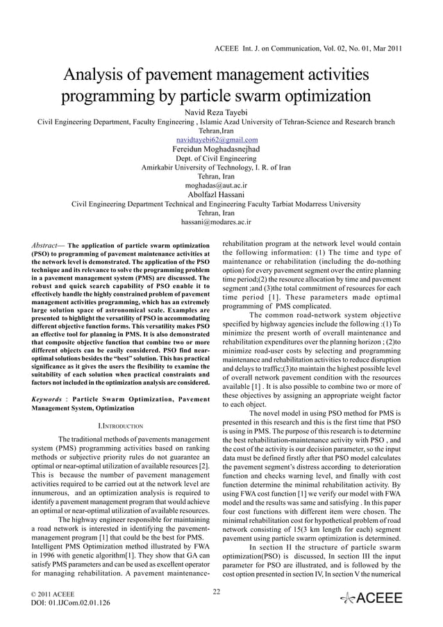 Analysis of pavement management activities programming by particle swarm optimization | PDF