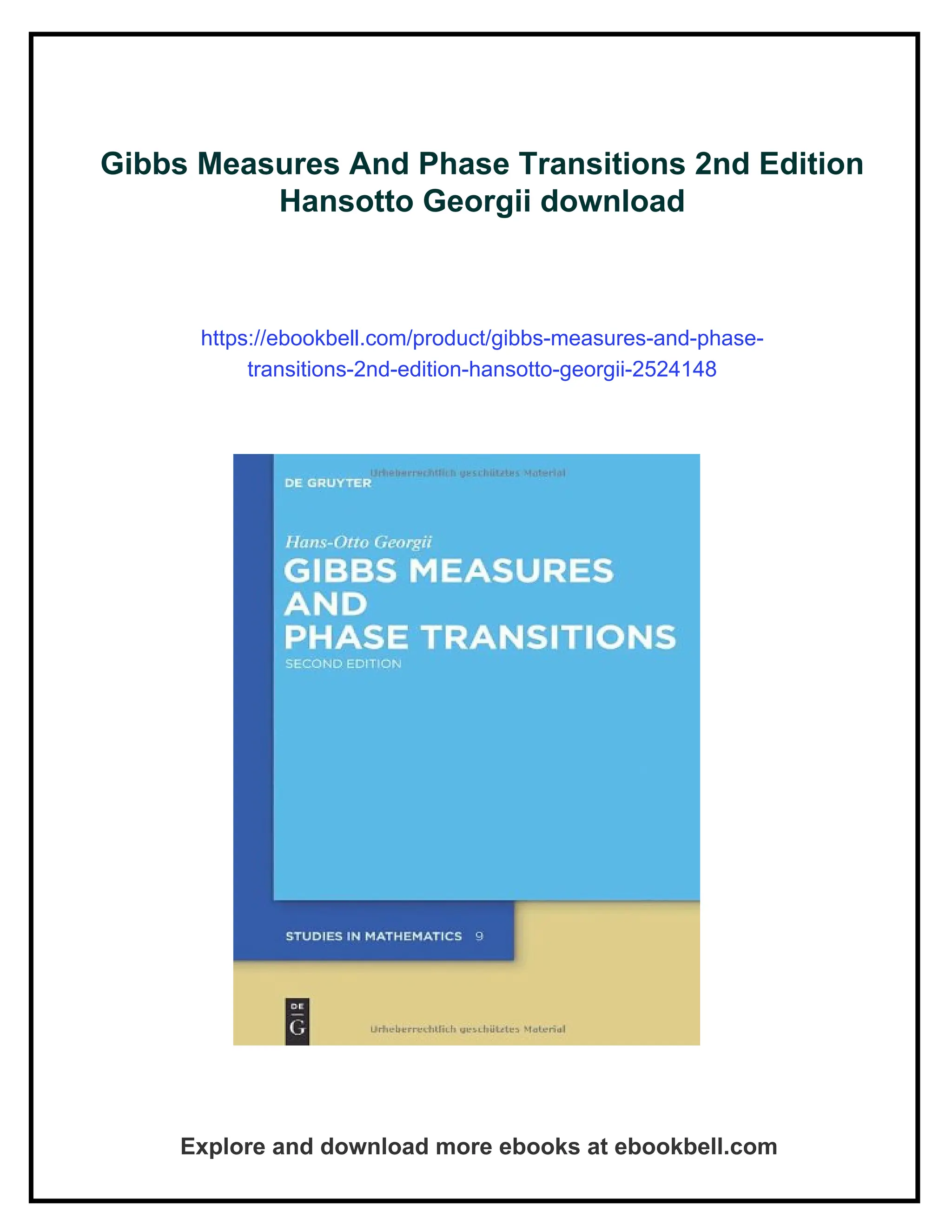 Gibbs Measures And Phase Transitions 2nd Edition Hansotto Georgii | PDF