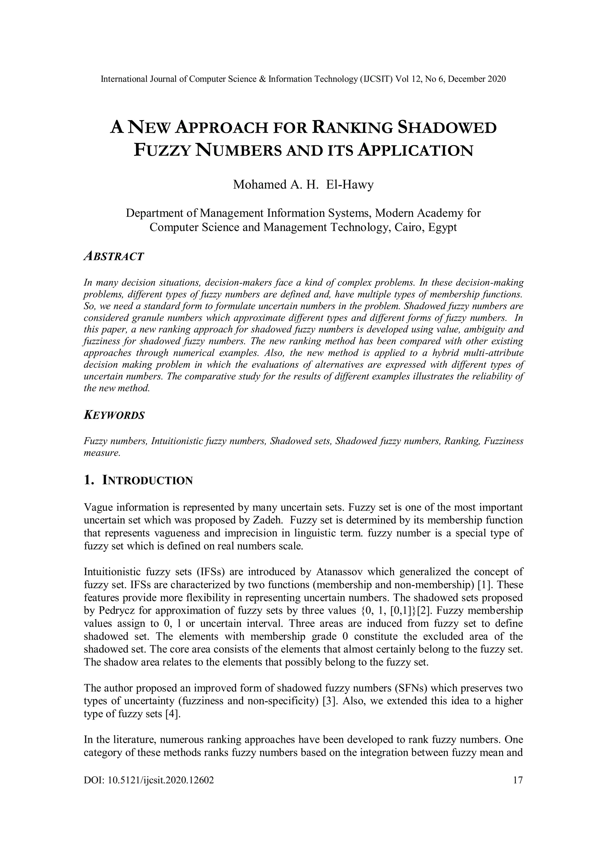 A New Approach for Ranking Shadowed Fuzzy Numbers and its Application | PDF