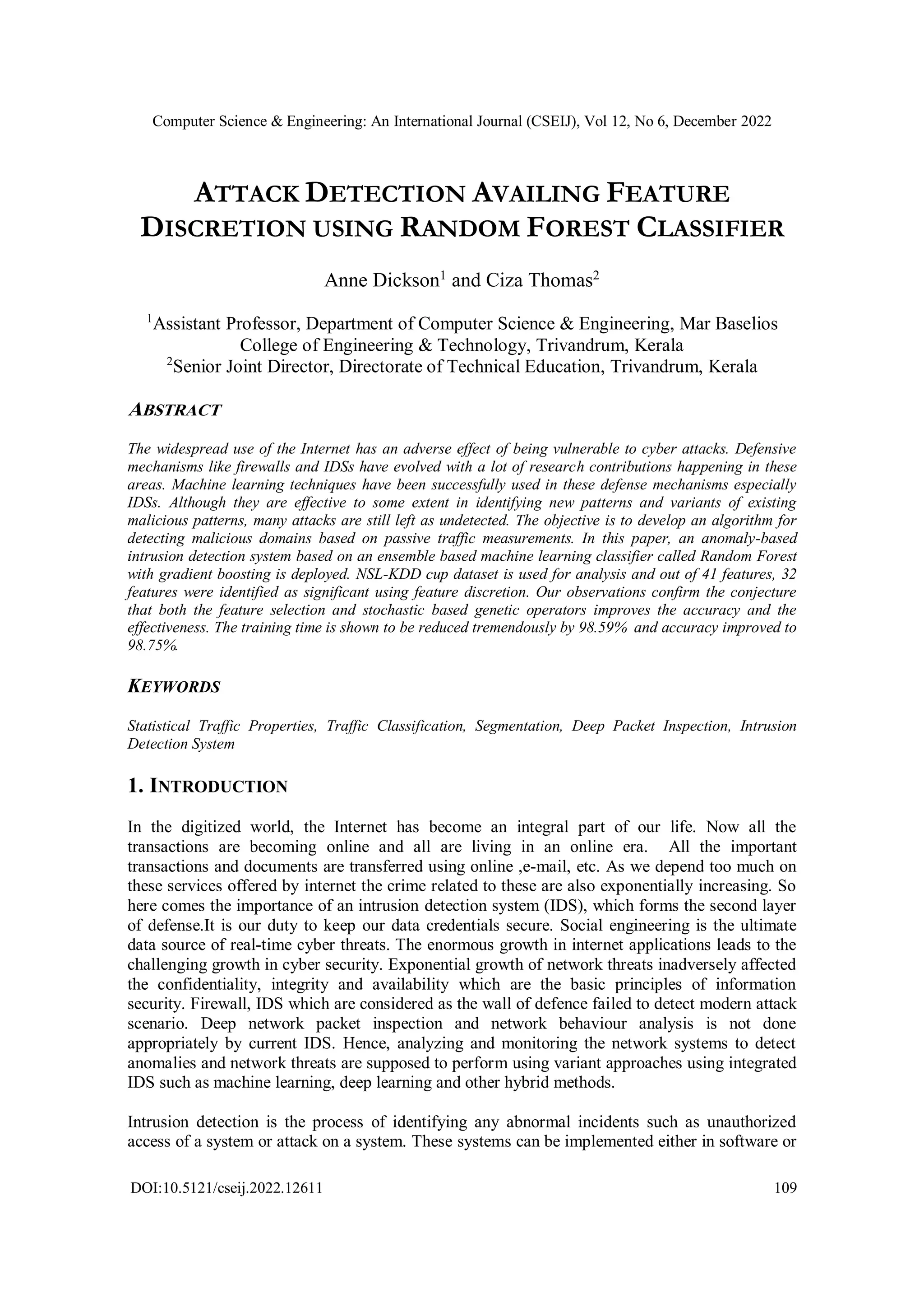Attack Detection Availing Feature Discretion Using Random Forest Classifier Pdf